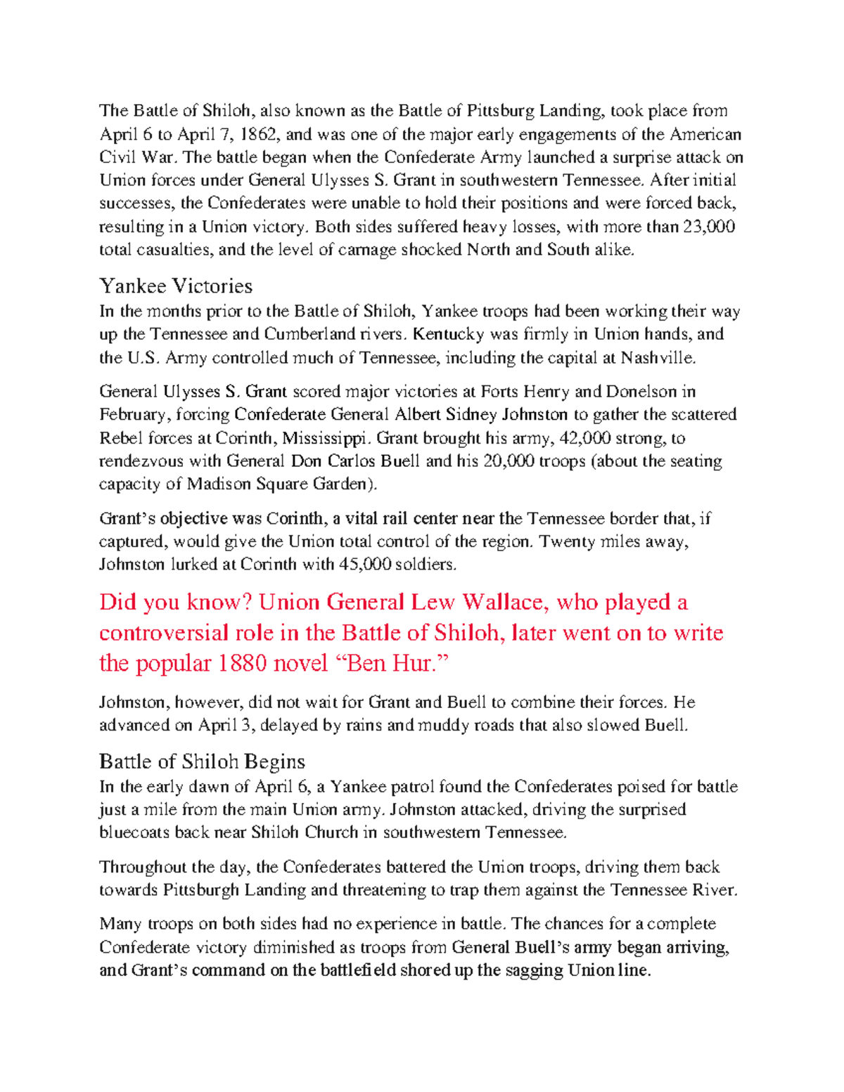 Battle of Shiloh Notes - The Battle of Shiloh, also known as the Battle ...