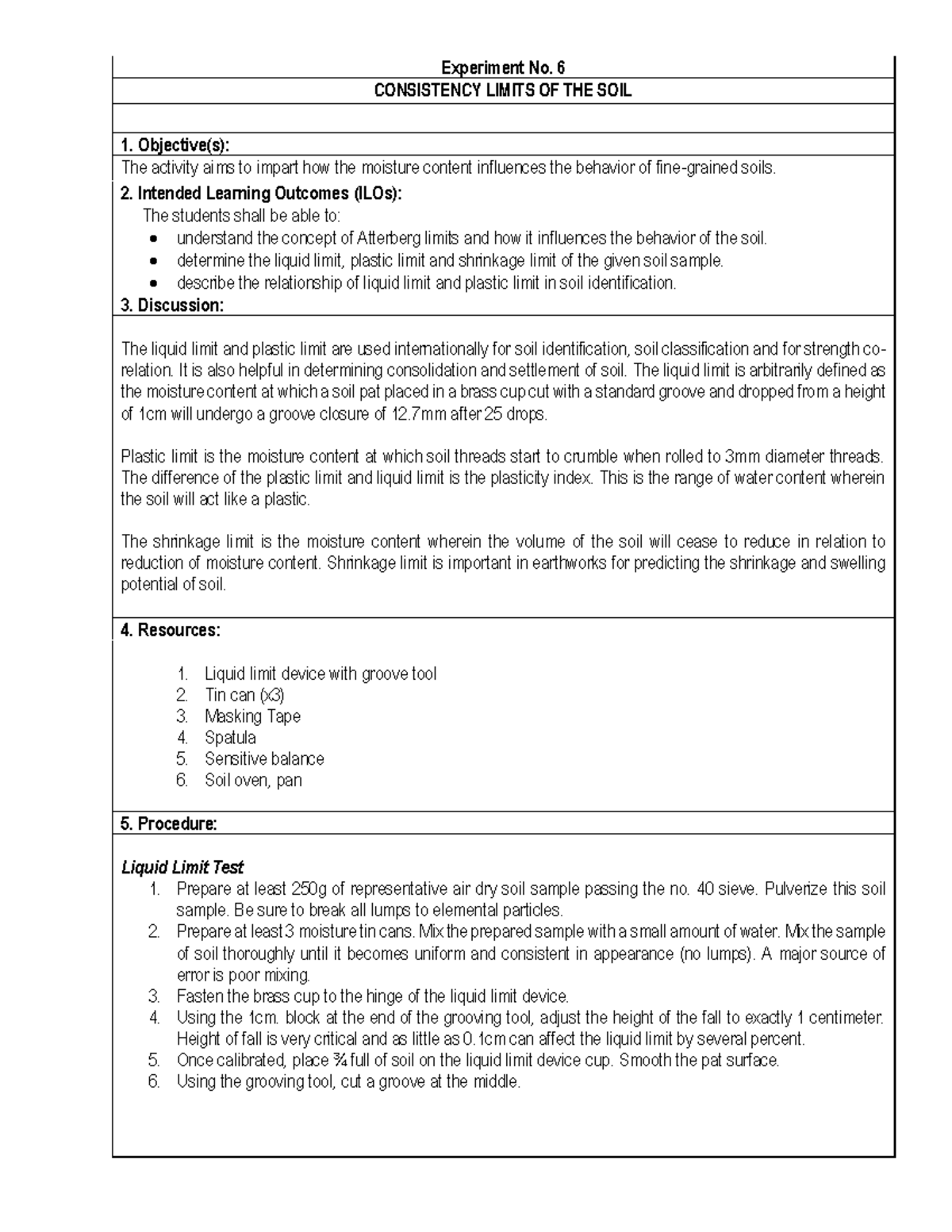 CE 304 Experiment 6 Lab Manual HH - Experiment No. 6 CONSISTENCY LIMITS OF THE SOIL Objective(s ...