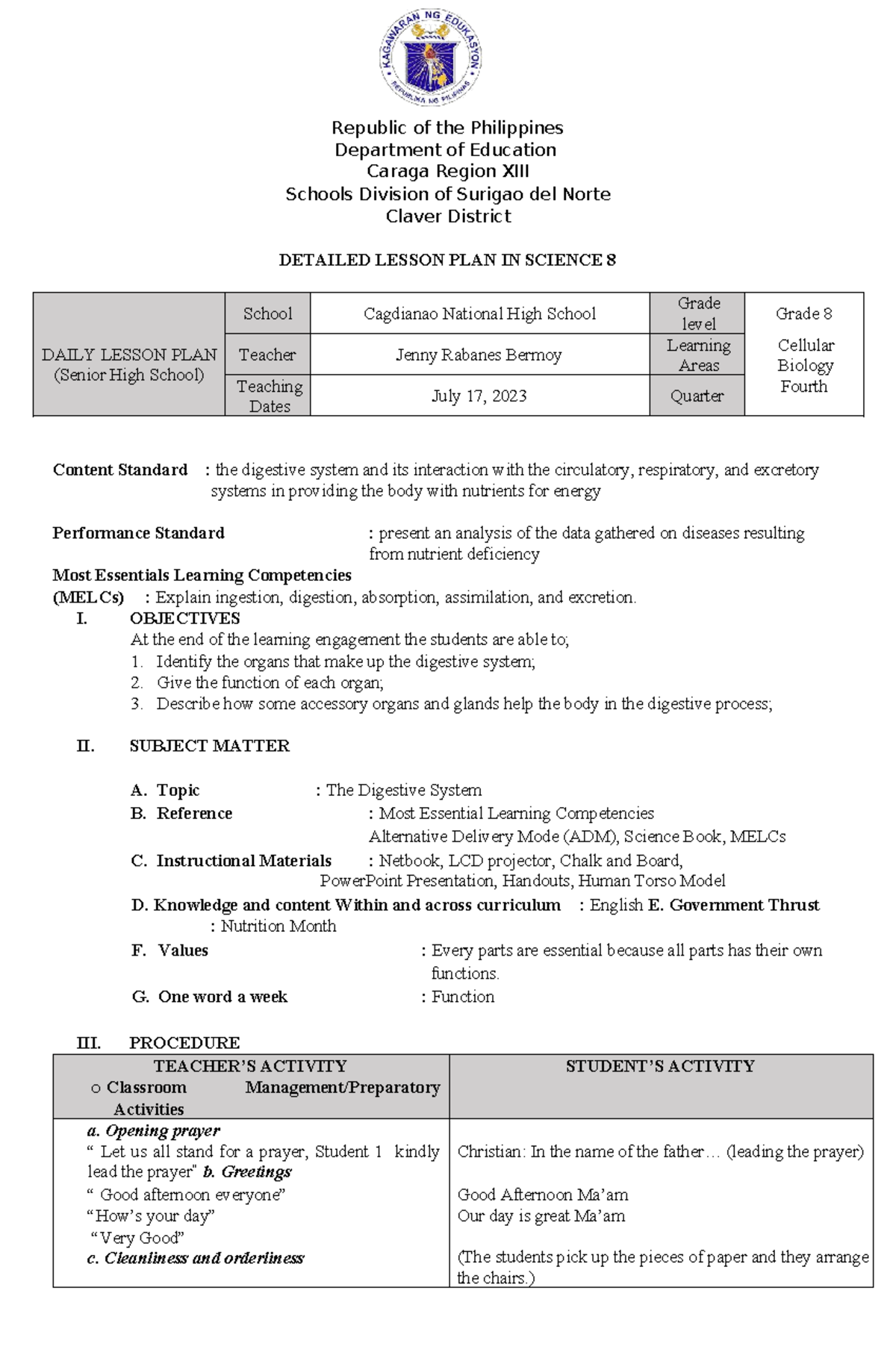 Jenny R. Bermoy - Lesson PLAN-JHS Applicant- Claver District- Cagdianao ...