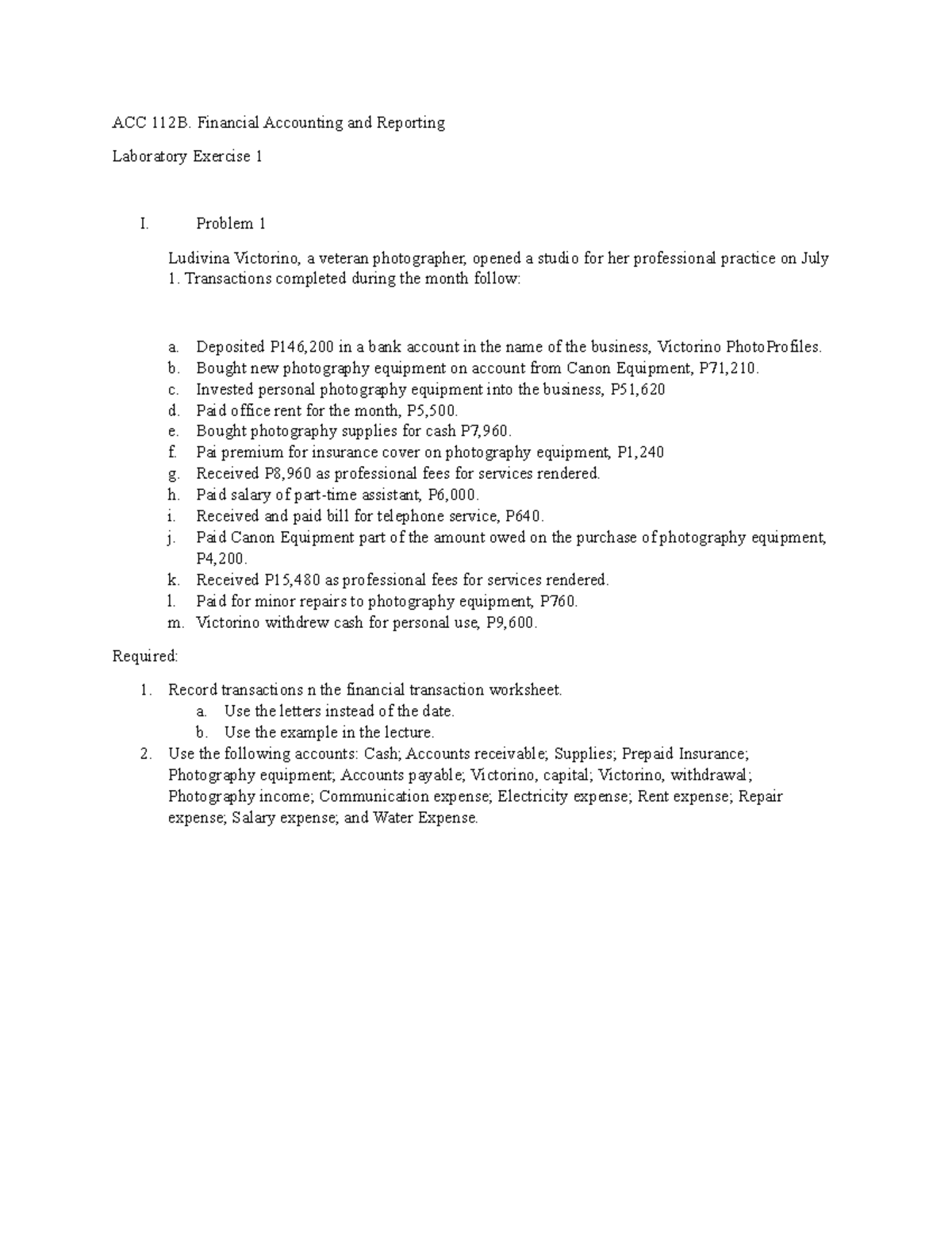ACC-112B Lab Exercise - ACC 112B. Financial Accounting and Reporting ...