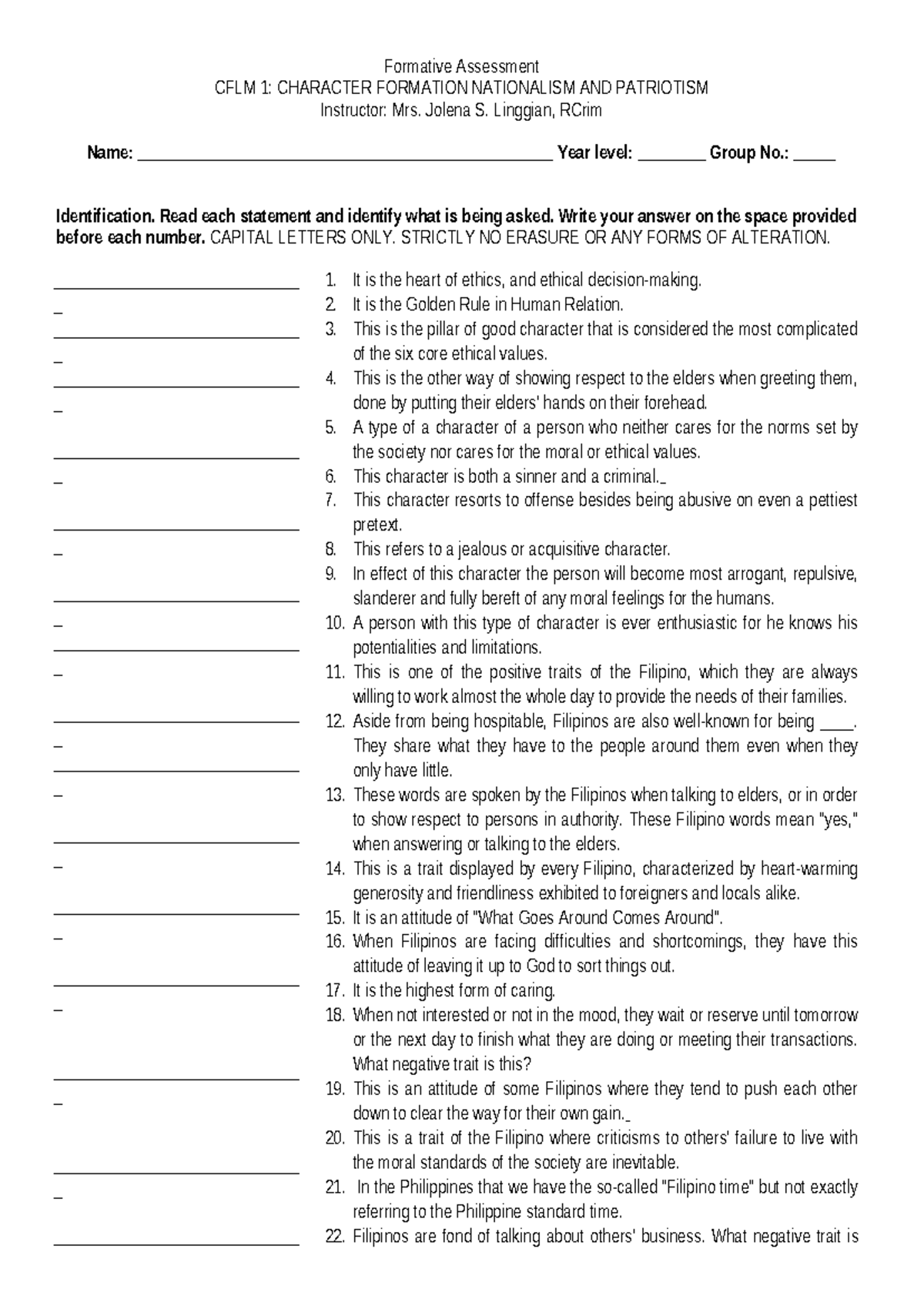 QUIZ CFLM1 - CFLM - Formative Assessment CFLM 1: CHARACTER FORMATION ...