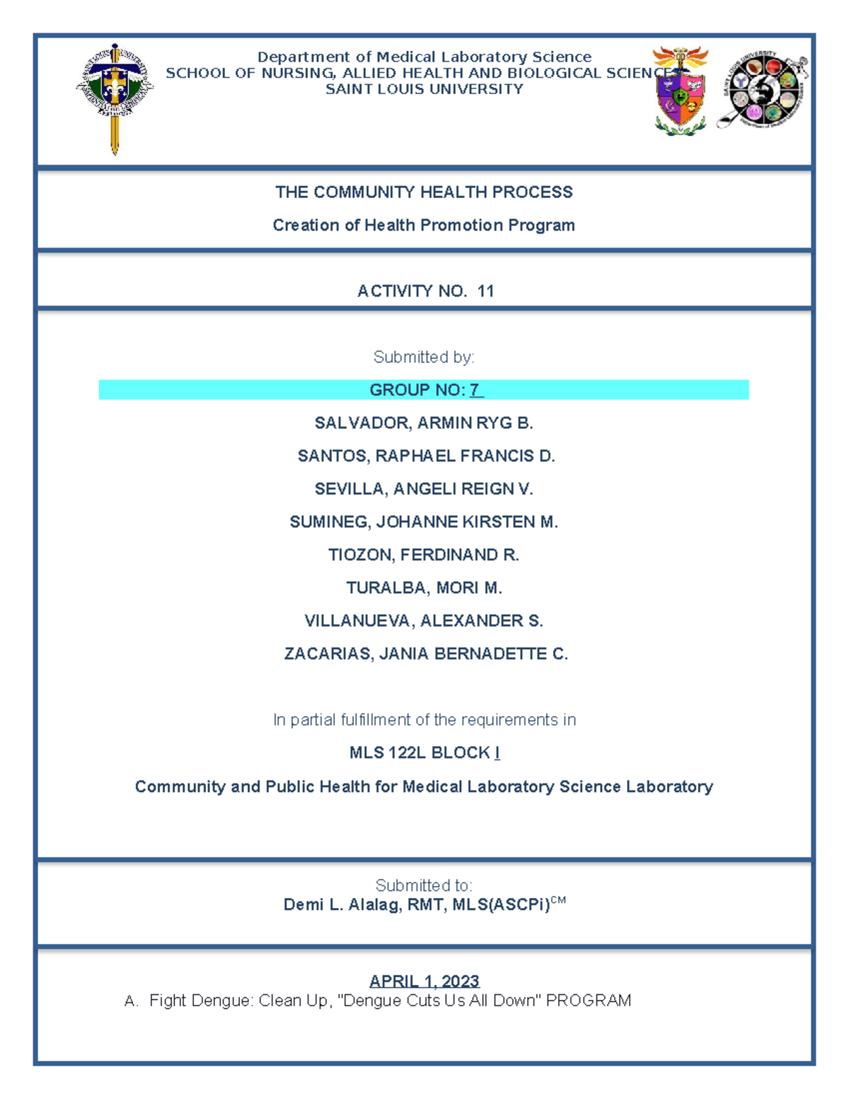 MLS-122 122L CPH-activity-11 - SCHOOL OF NURSING, ALLIED HEALTH AND BIOLOGICAL SCIENCES SAINT ...