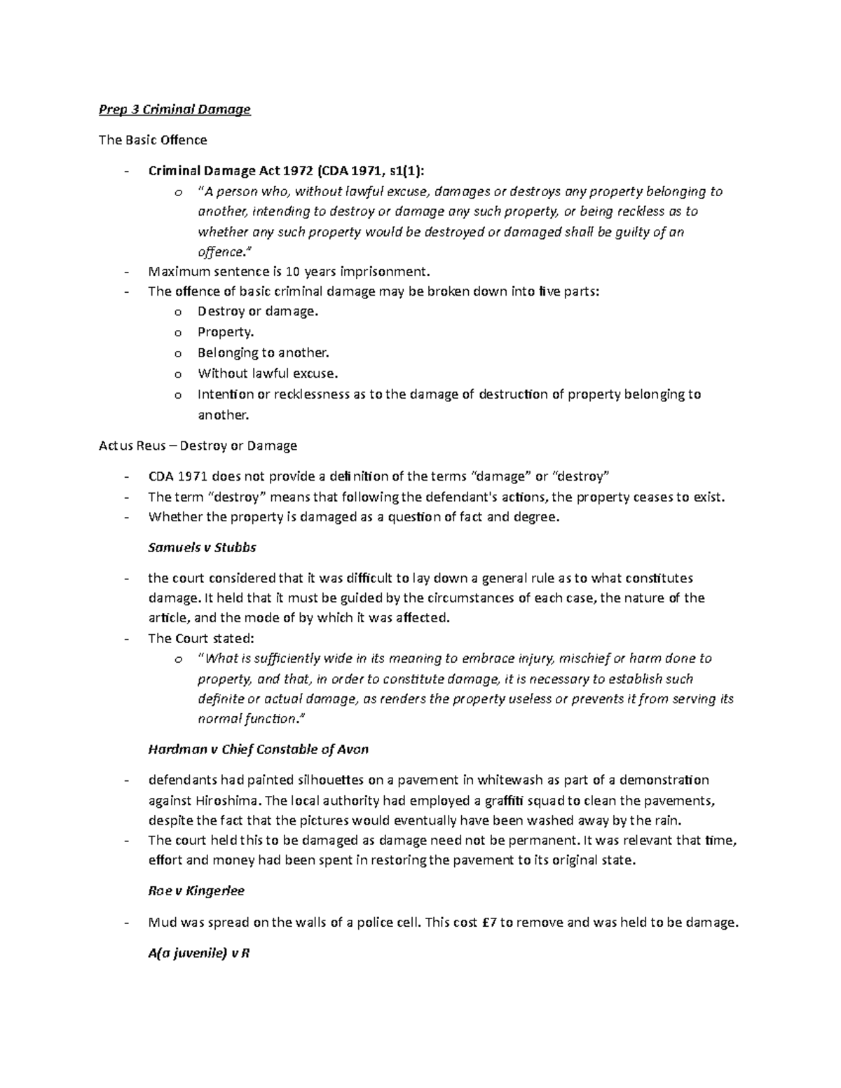 Prep 3 Criminal Damage - All notes required for a Distinction - Prep 3 ...