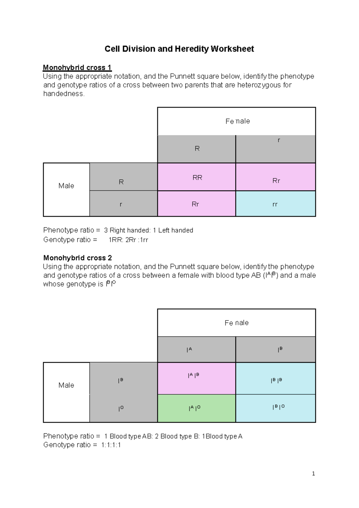 Cell division and heredity work sheet - 1 Cell Division and Heredity ...