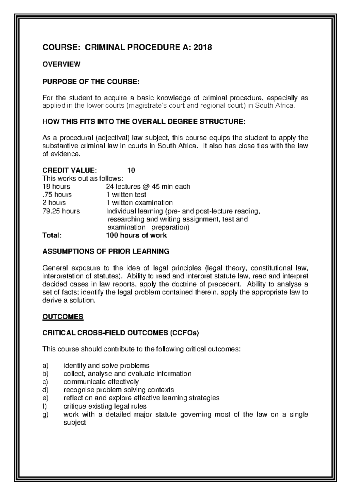 Criminal Procedure A 2018 Course Outline - COURSE: CRIMINAL PROCEDURE A ...