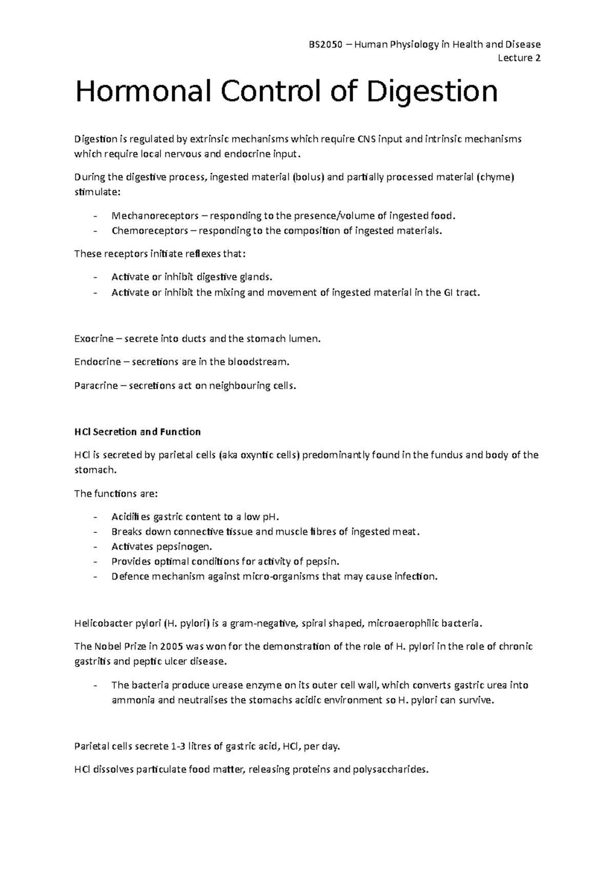 2 Hormonal Control Of Digestion Bs2050 Human Physiology In Health