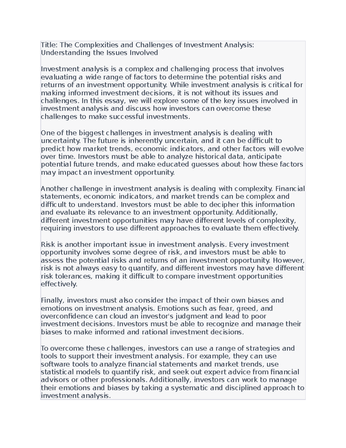 The Complexities and Challenges of Investment Analysis - Understanding ...