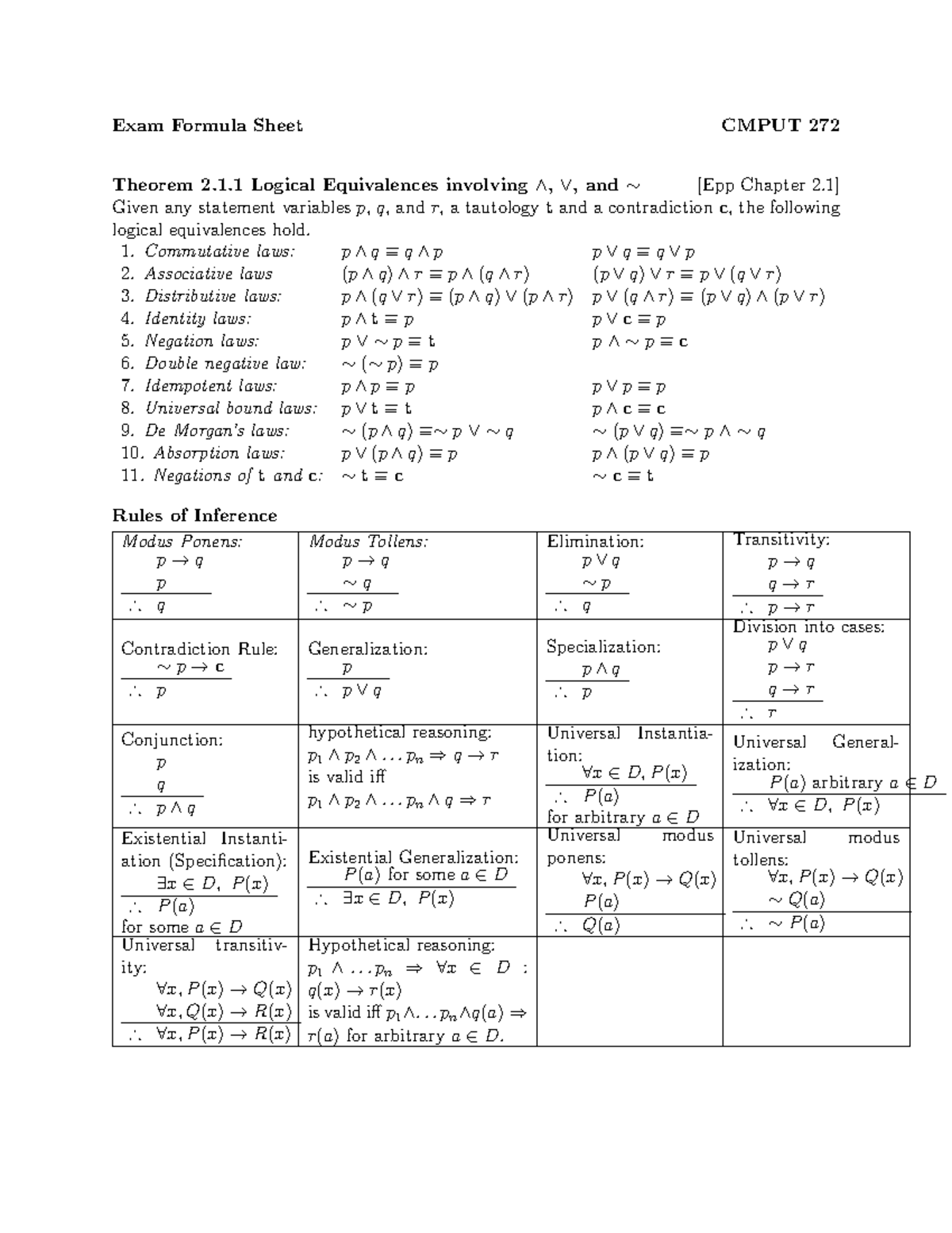 Exam Formula Sheet for Stat explanation - Exam Formula Sheet CMPUT 272 ...
