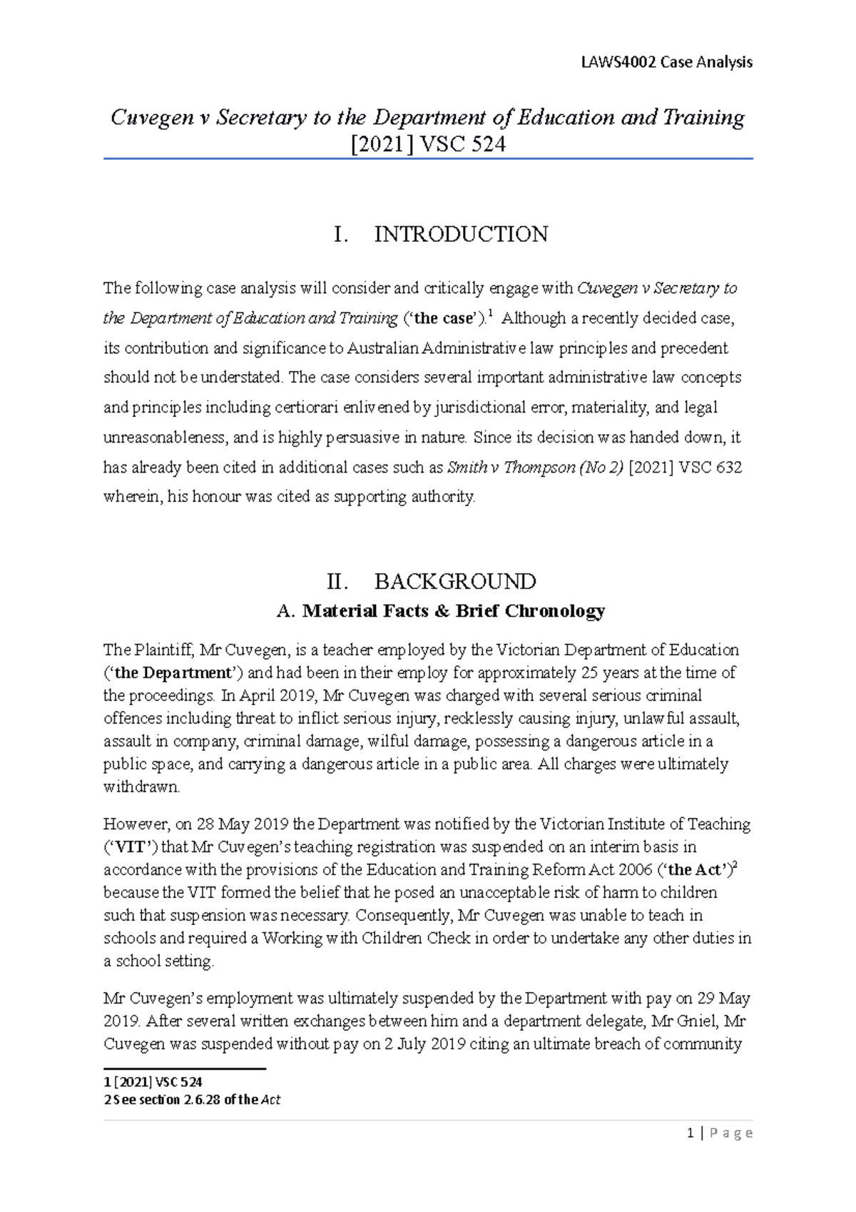 Case Analysis - Distinction Paper. - Cuvegen v Secretary to the ...