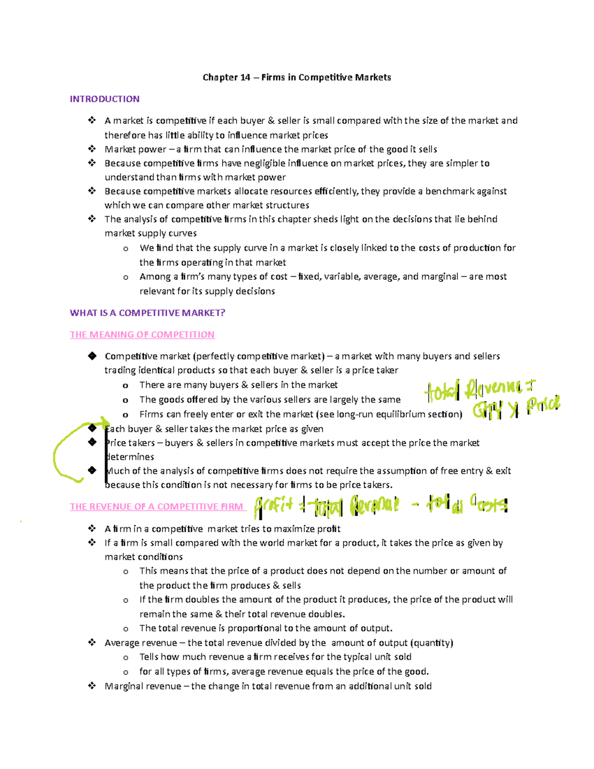 Eco 201 ch 14 notes - Chapter 14 – Firms in Competitive Markets ...