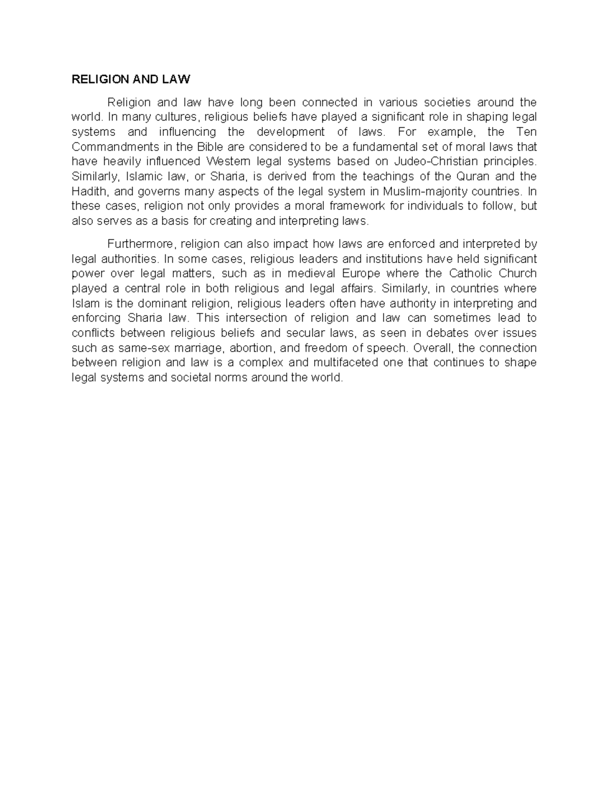 Religion-LAW - RELIGION AND LAW Religion and law have long been ...