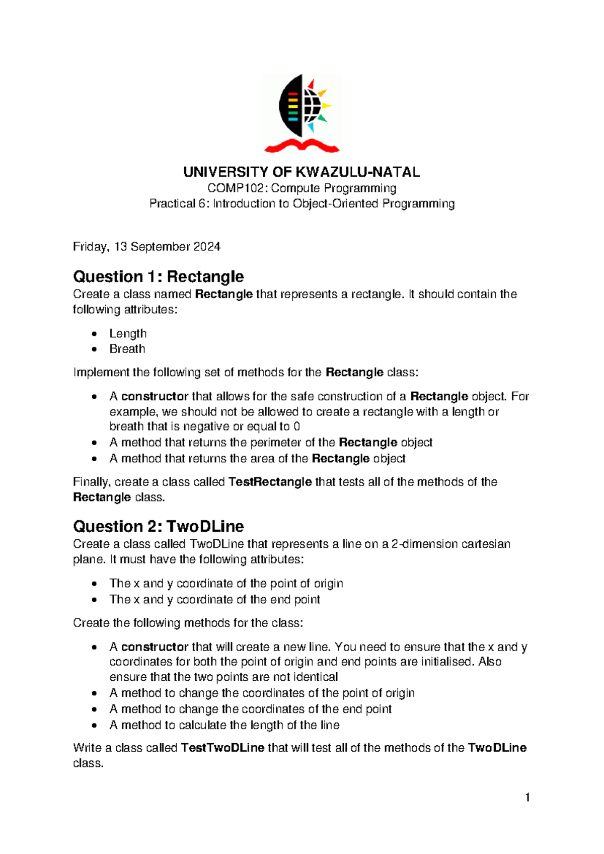 Practical 6 - Introduction to Object-Oriented Programming - 1 ...