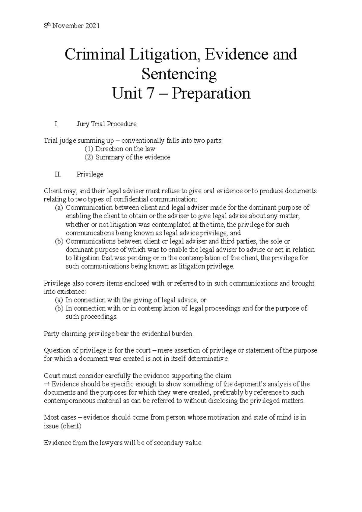 Criminal Litigation, Evidence and Sentencing - Unit 7 - Preparation ...