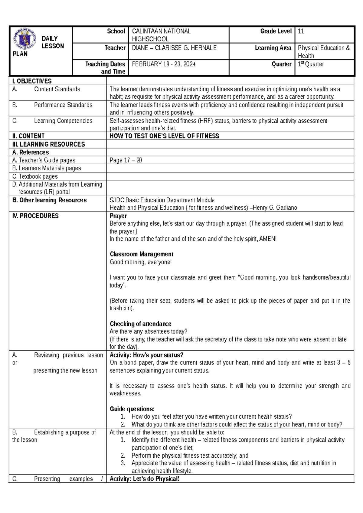 WEEK 1 PE&Health - physical education - DAILY LESSON PLAN School ...