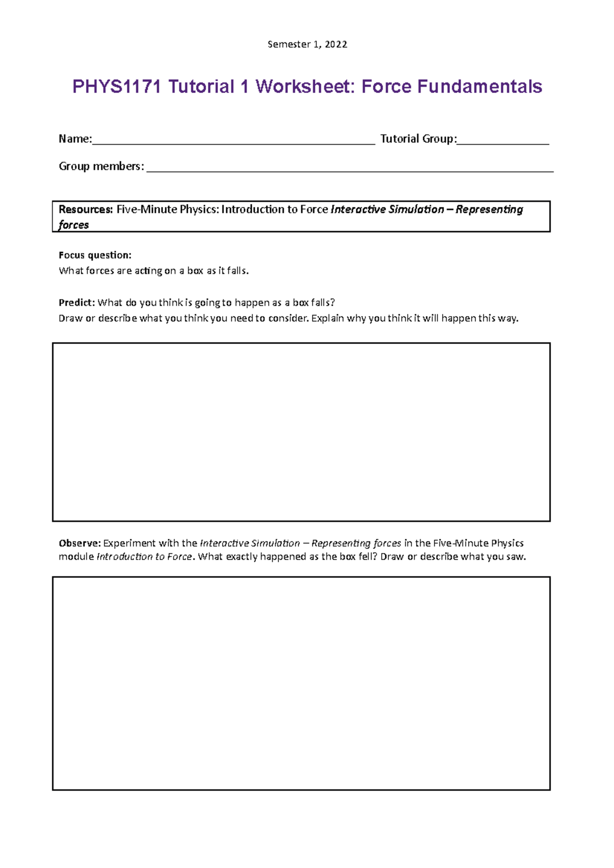 PHYS1171 2022s1.Tutorial 01 Worksheet - Force Fundamentals - Semester 1 ...
