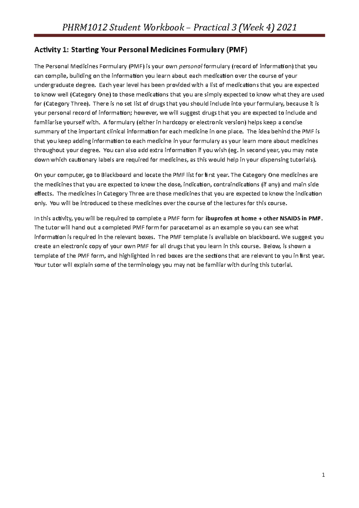 PHRM1012 Prac 3 Student Workbook 2021 - Activity 1: Starting Your ...