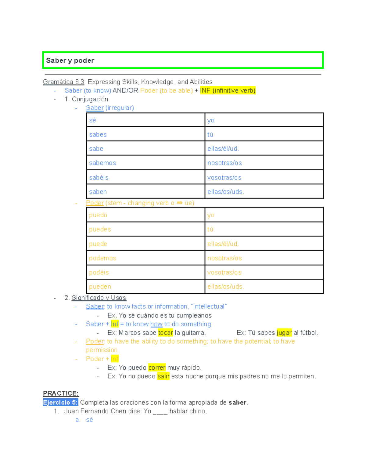 Gramática 6.3 Saber and Poder + INF - Saber y poder Gramática 6 ...