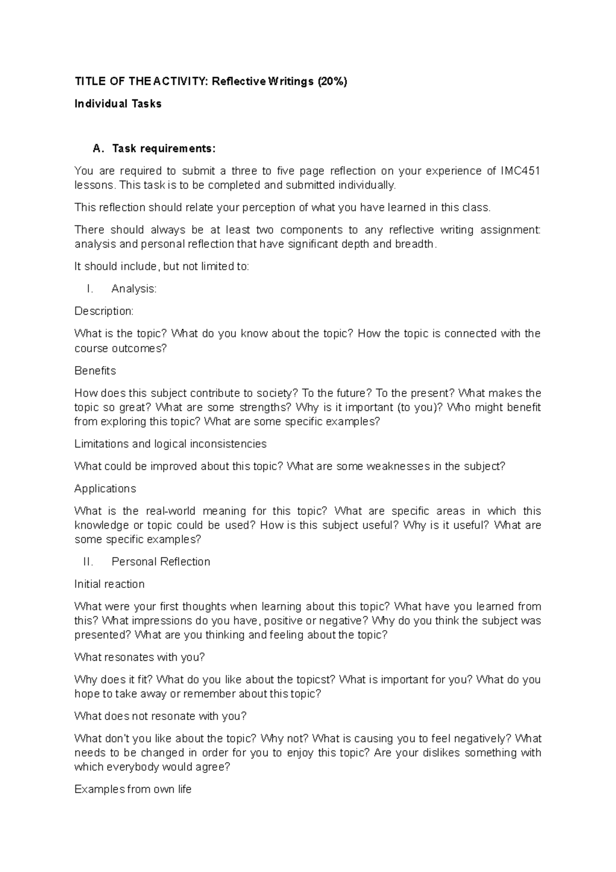 Guideline Reflective Writings - TITLE OF THE ACTIVITY: Reflective ...