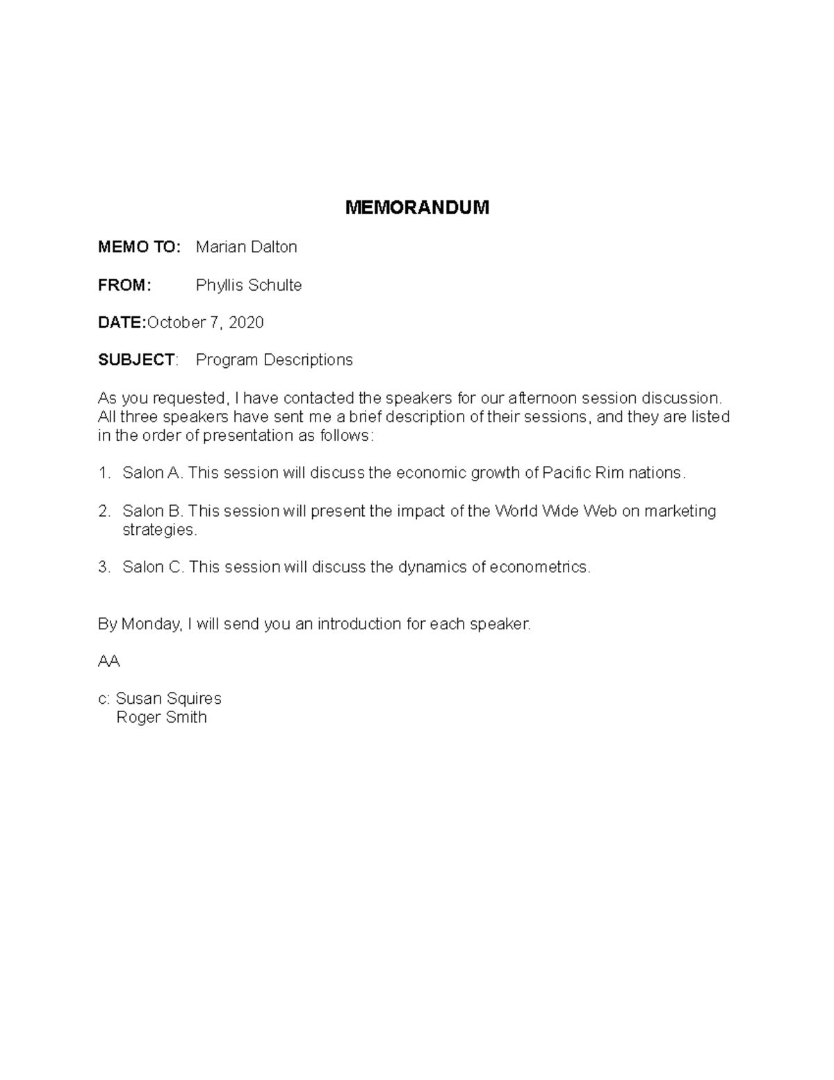 Memo with number list - MEMORANDUM MEMO TO: Marian Dalton FROM: Phyllis ...