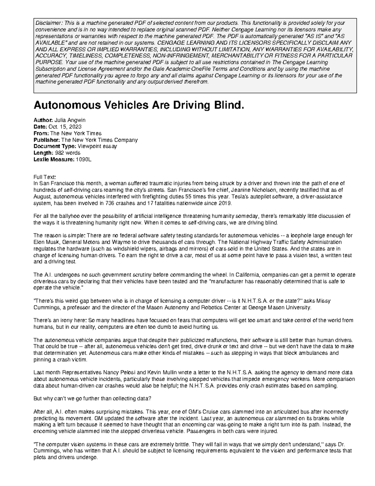 Autonomous Vehicles Are Drivin - Disclaimer: This is a machine ...