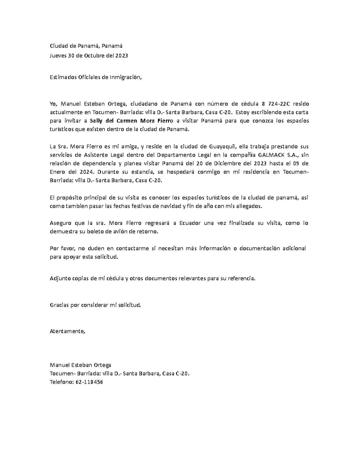 Carta de invitacion para viajar a Panama - Ciudad de Panamá, Panamá ...