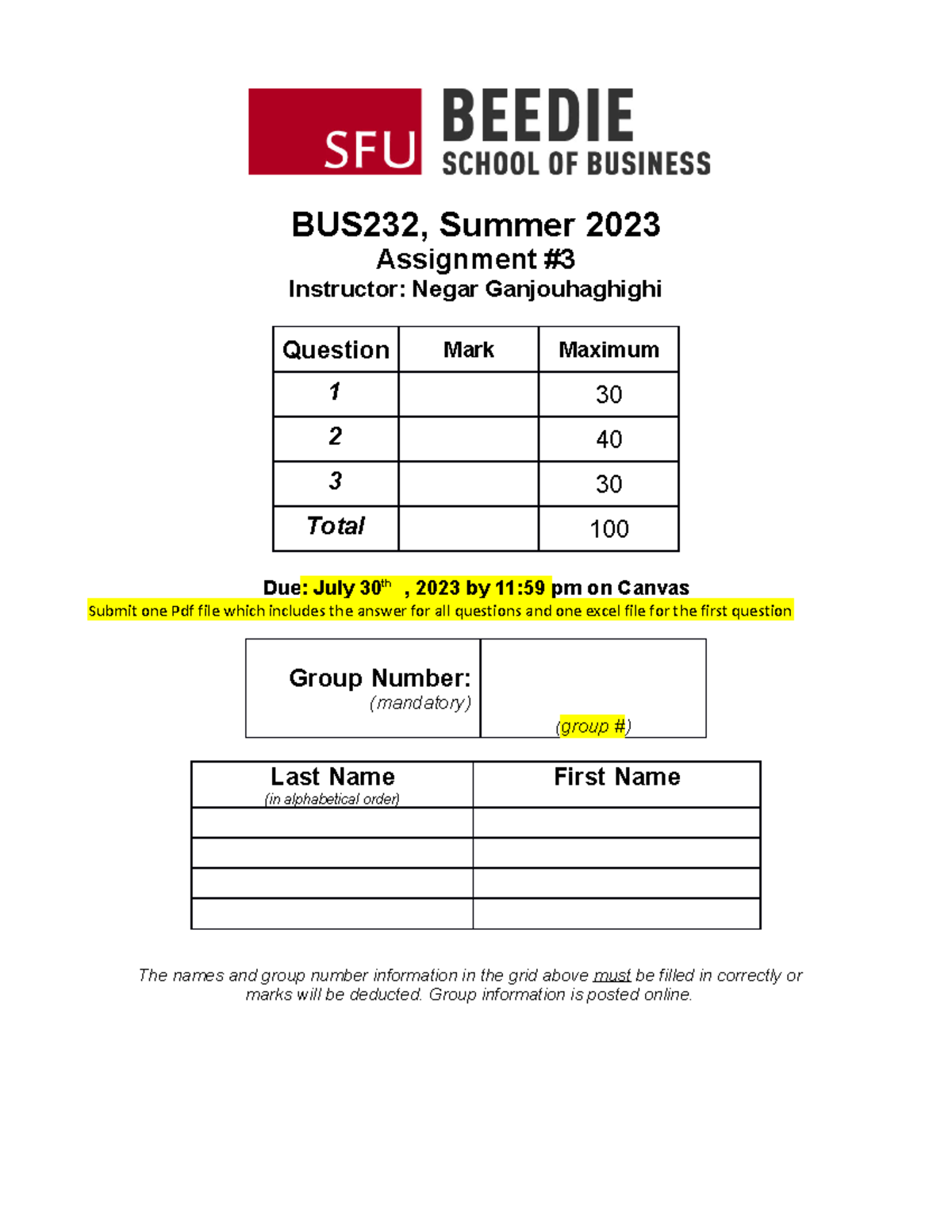 BUS232 Summer 2023 A3 - D100 - BUS232, Summer 2023 Assignment ...