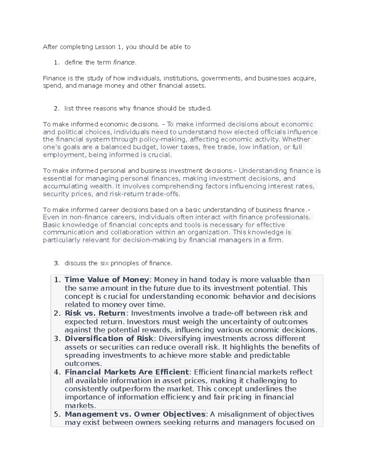 Week 1 What is Finance - notes - After completing Lesson 1, you should ...