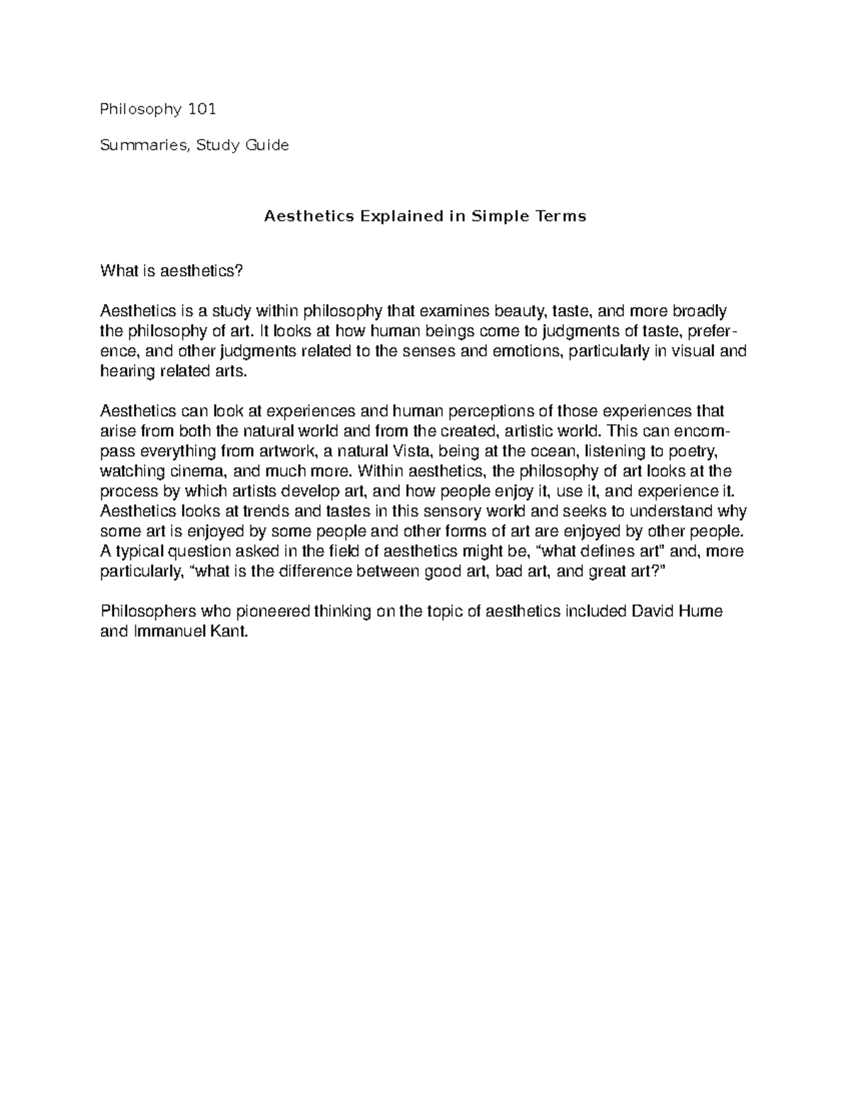 Summary - Philosophy - Aesthetics Explained - Philosophy 101 Summaries ...