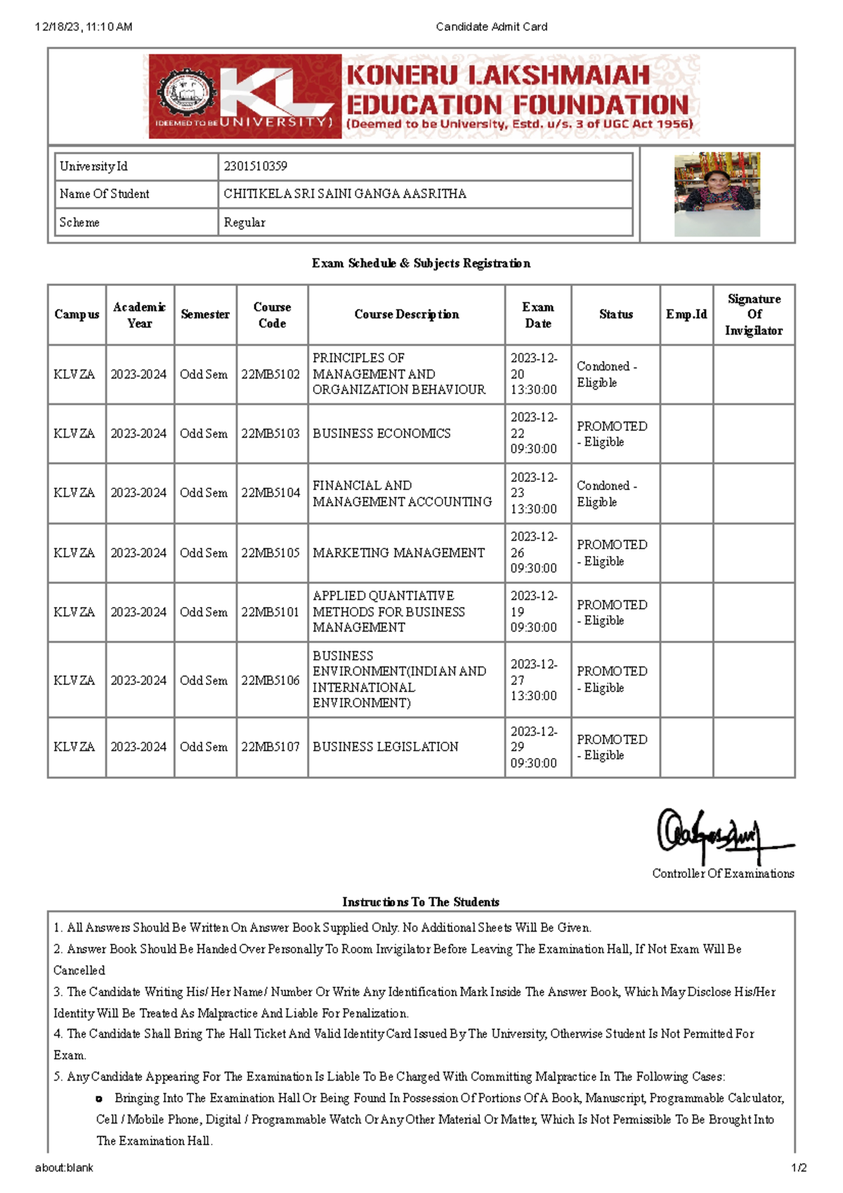 Akkas hallticket - 12/18/23, 11:10 AM Candidate Admit Card about:blank ...