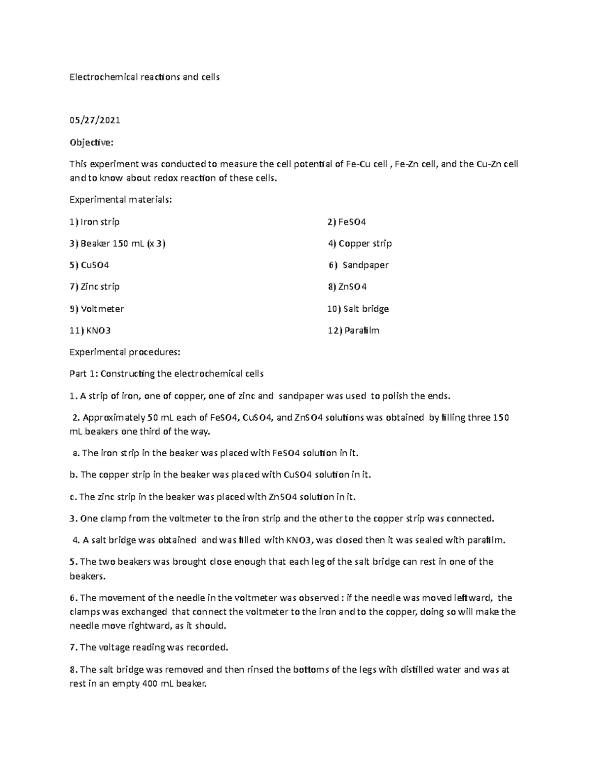 Chem last lab - This experiment was conducted to measure the cell ...