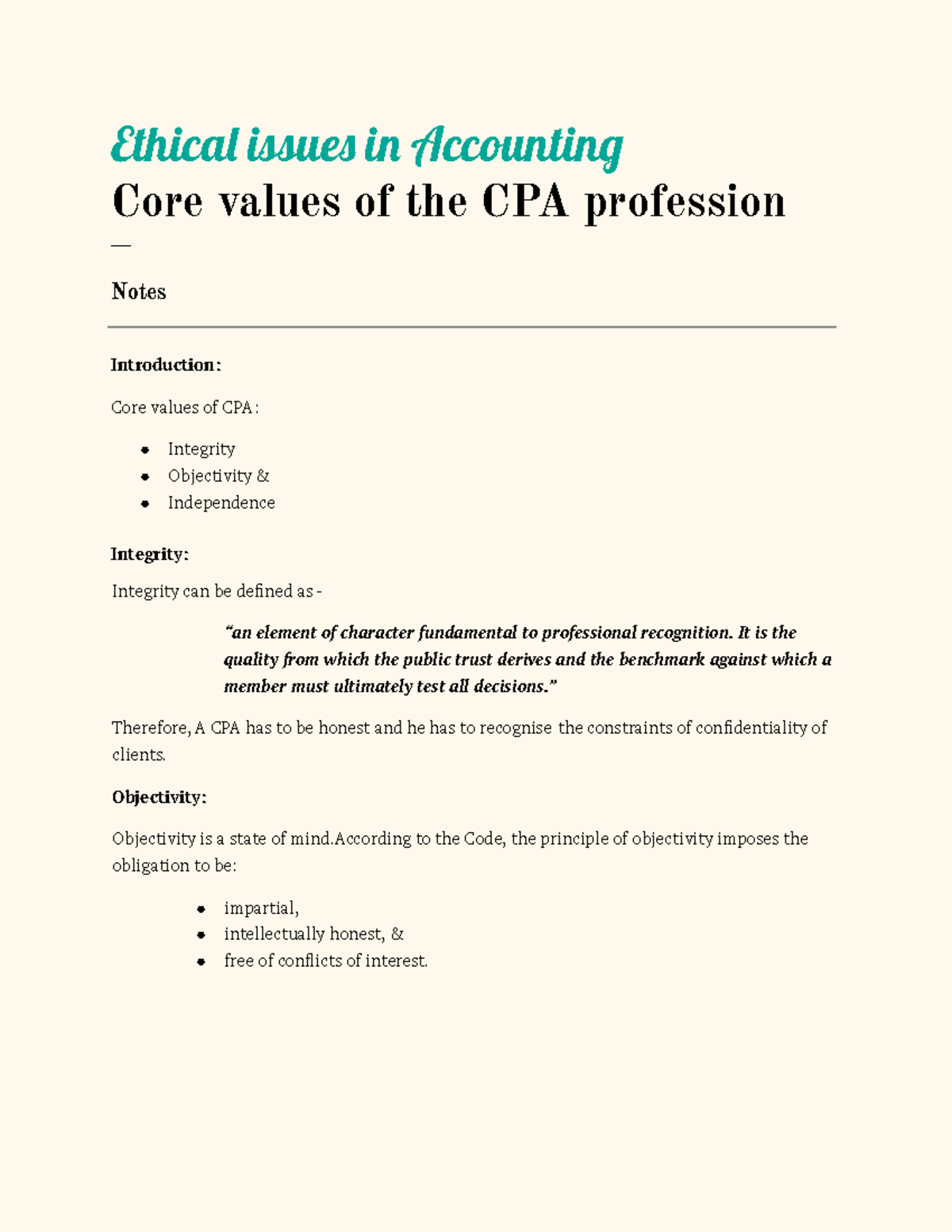 Chapter 3 Summary: Core Values of the CPA Profession - Ethica issue i ...