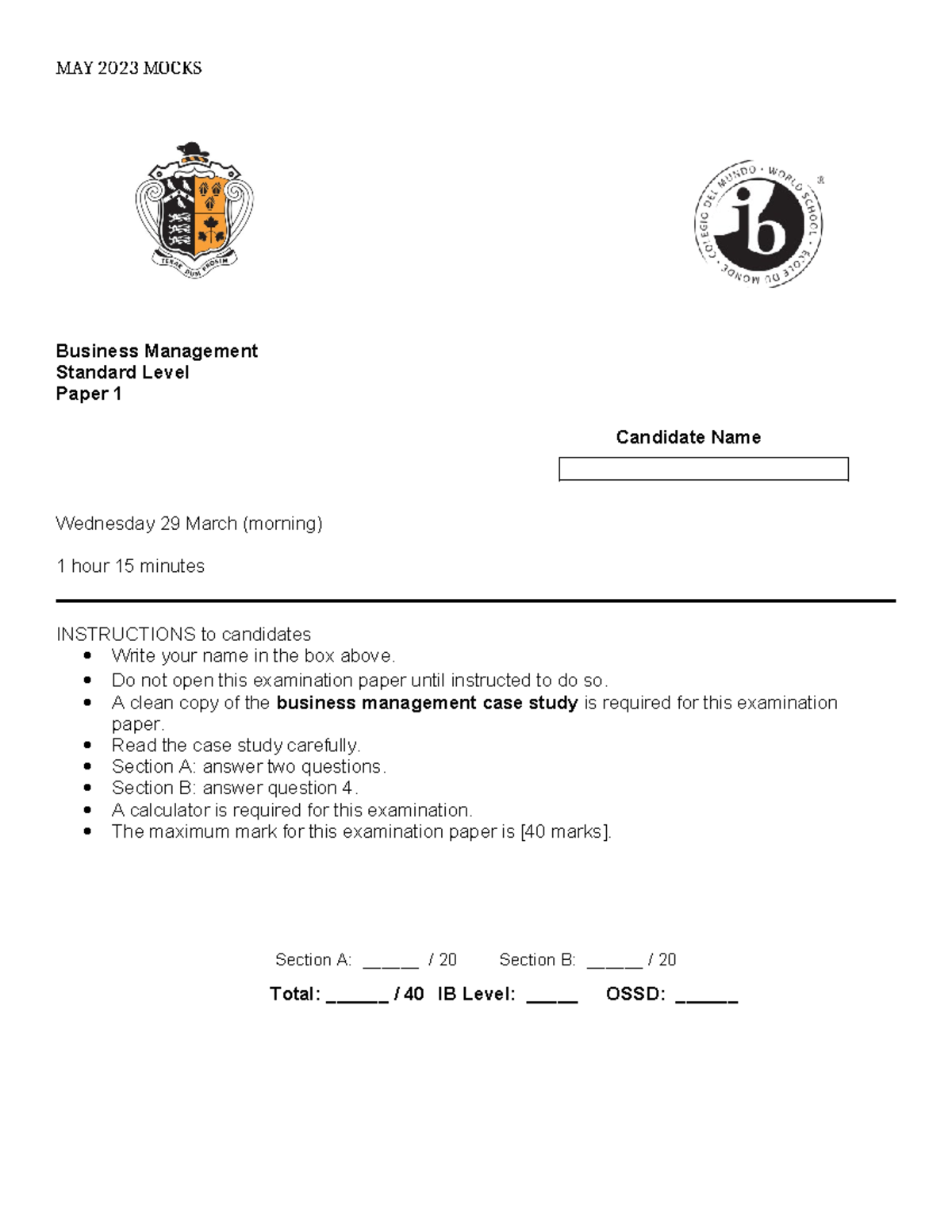2023 Mock Paper 1 SL - Business reivsion note - MAY 2023 MOCKS Business ...