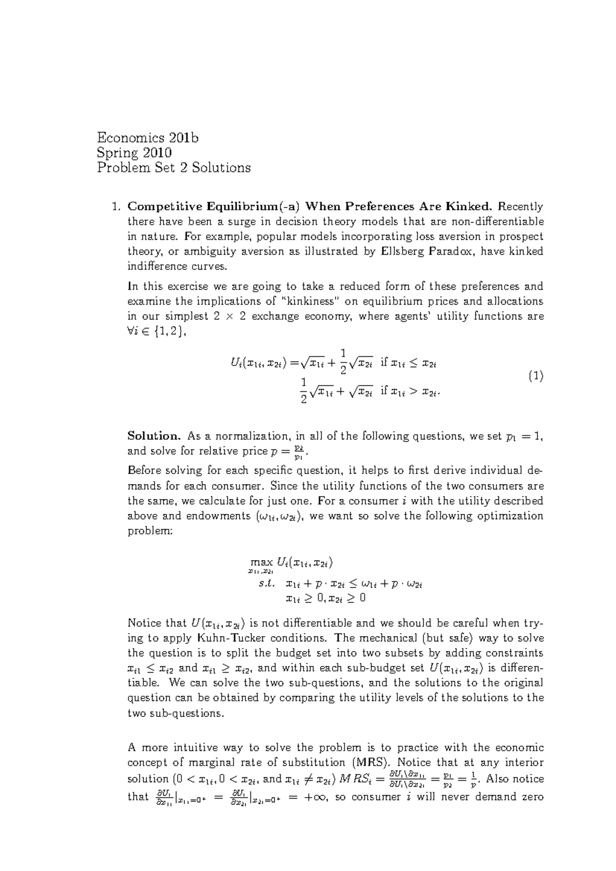 Solutions de exercicios - Economics 201b Spring 2010 Problem Set 2 Solutions Competitive - Studocu