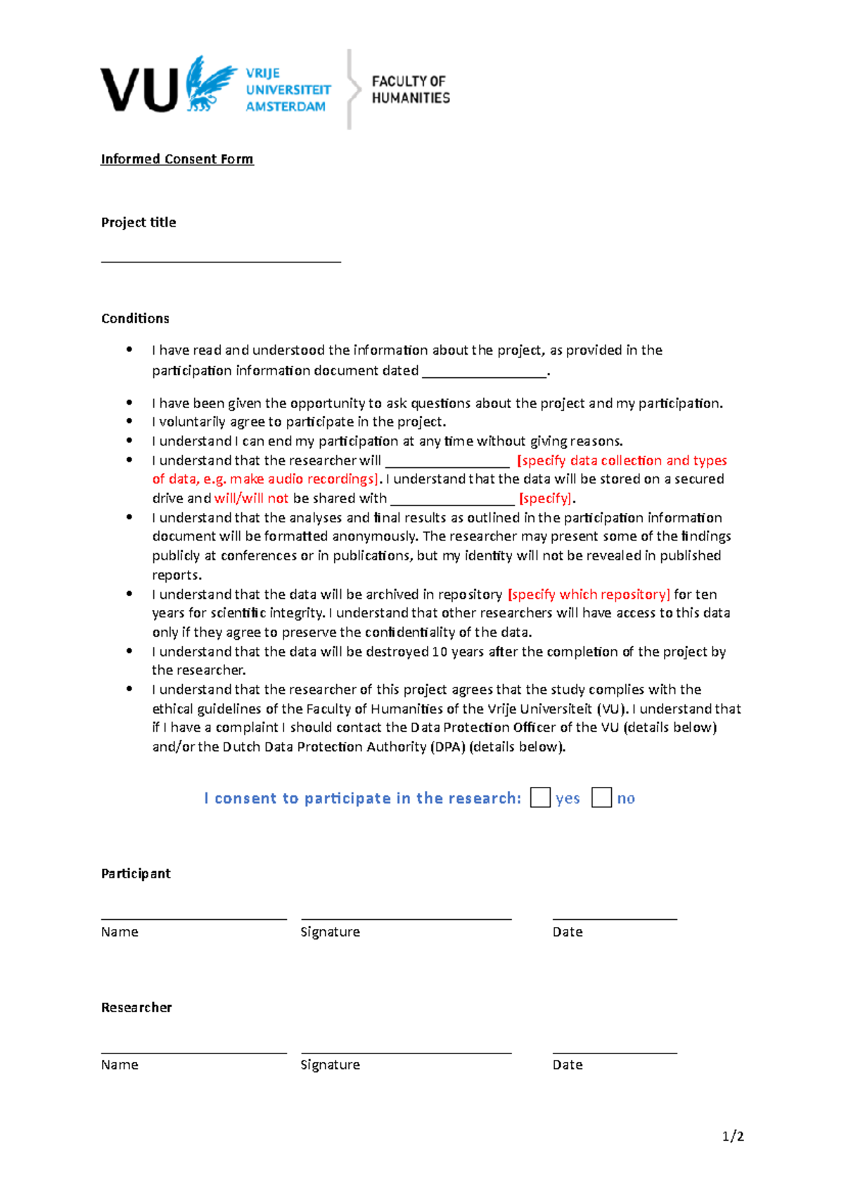 Template Informed Consent (ENG) - Informed Consent Form Project title ...