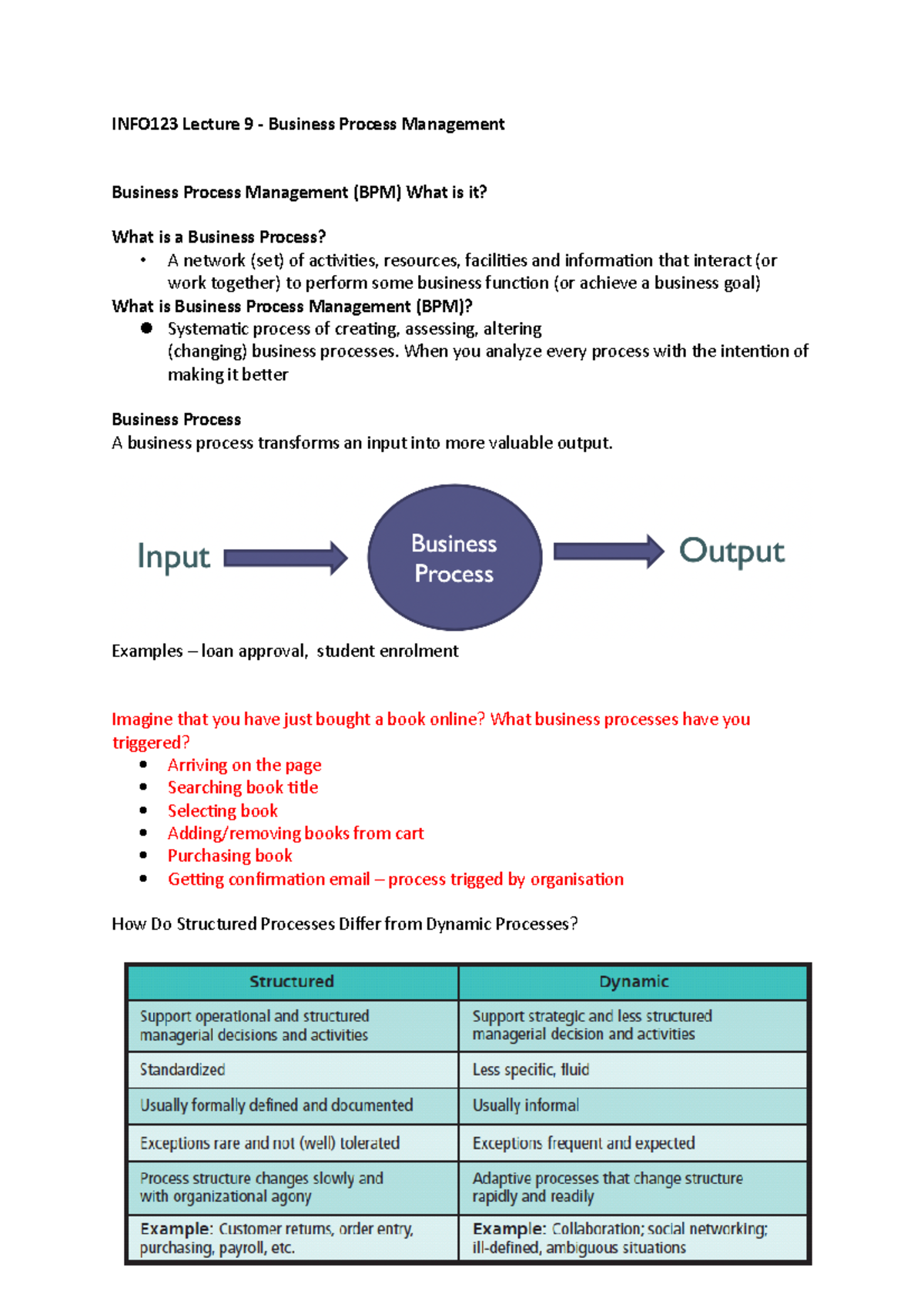INFO123 L9 and 10 - INFO123 Lecture 9 - Business Process Management ...