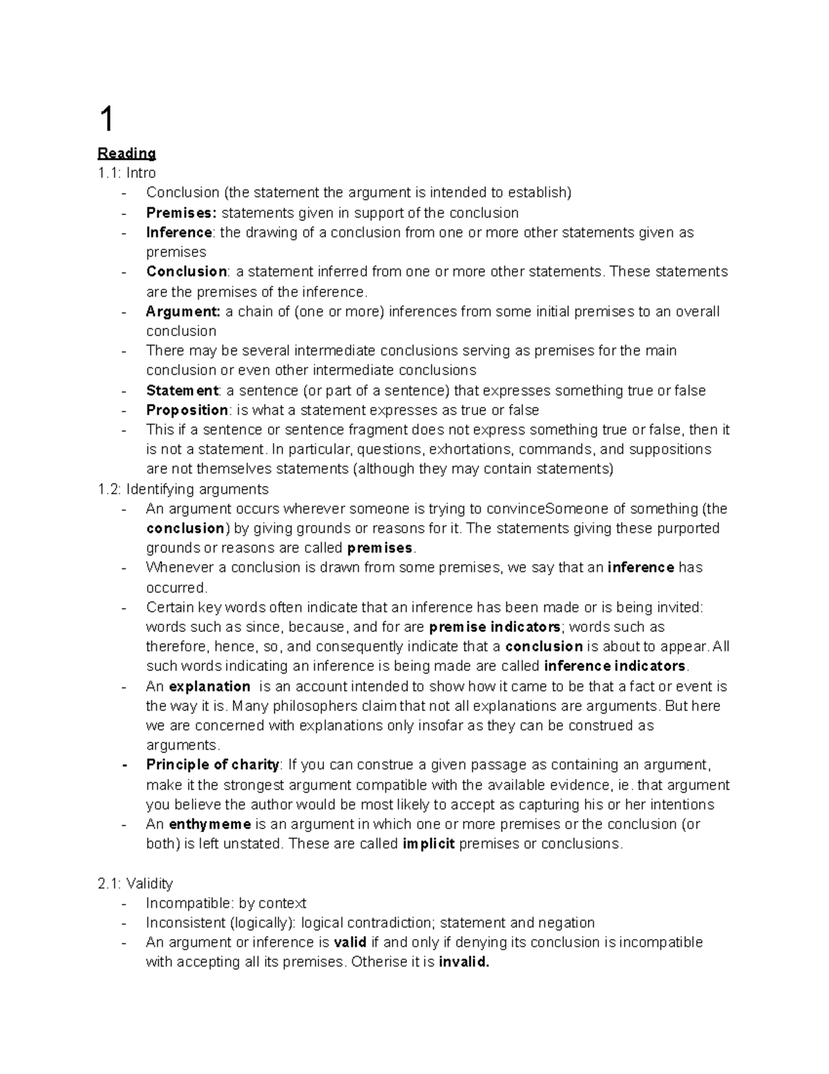 Logic Midterm Review - 1 Reading 1: Intro - Conclusion (the statement ...
