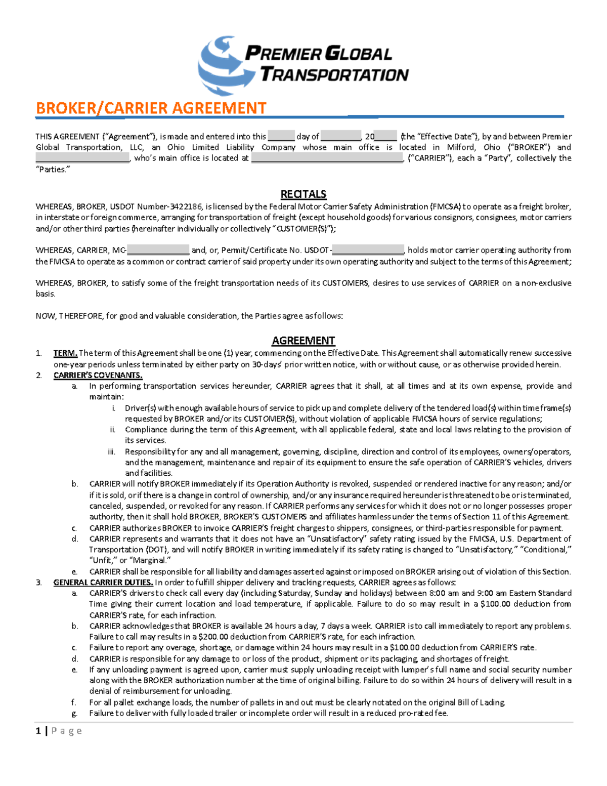 PGT Broker-Carrier Agreement - BROKER/CARRIER AGREEMENT THIS AGREEMENT ...