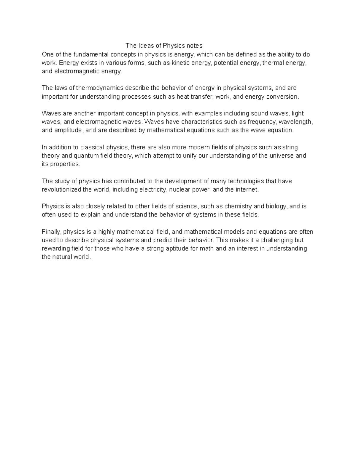 The Ideas of Physics notes 2 - The Ideas of Physics notes One of the ...