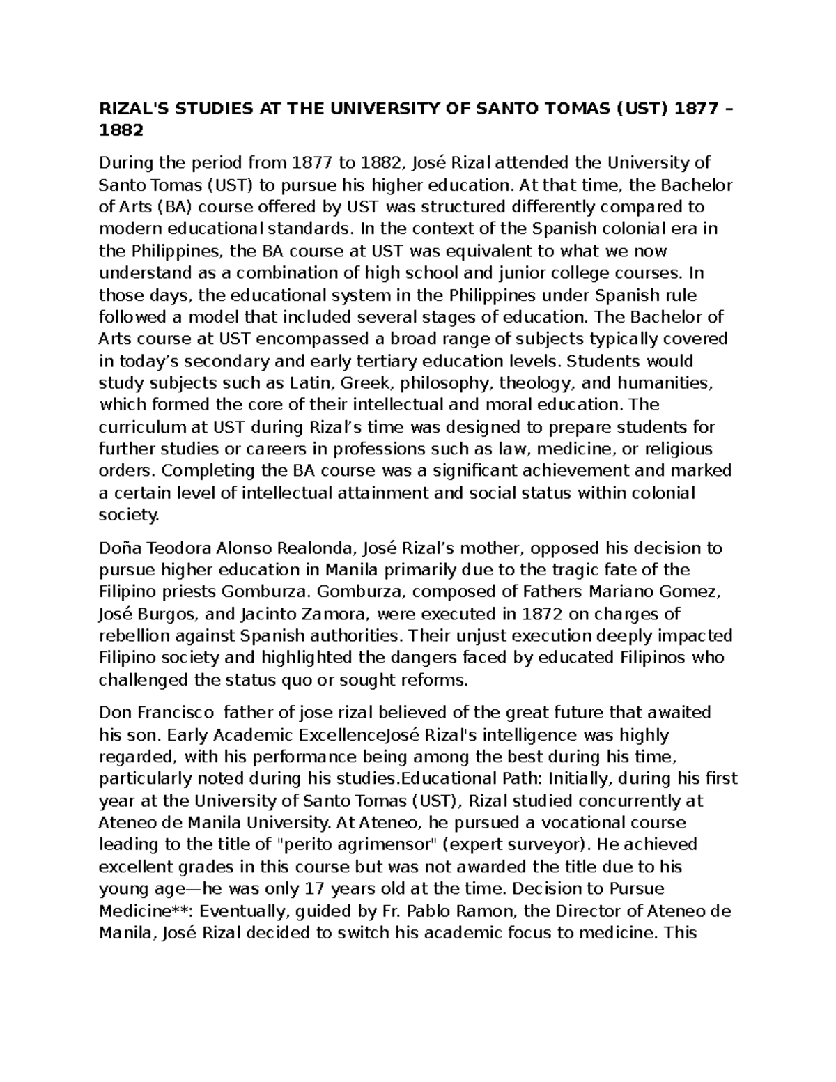 Rizal - At that time, the Bachelor of Arts (BA) course offered by UST ...