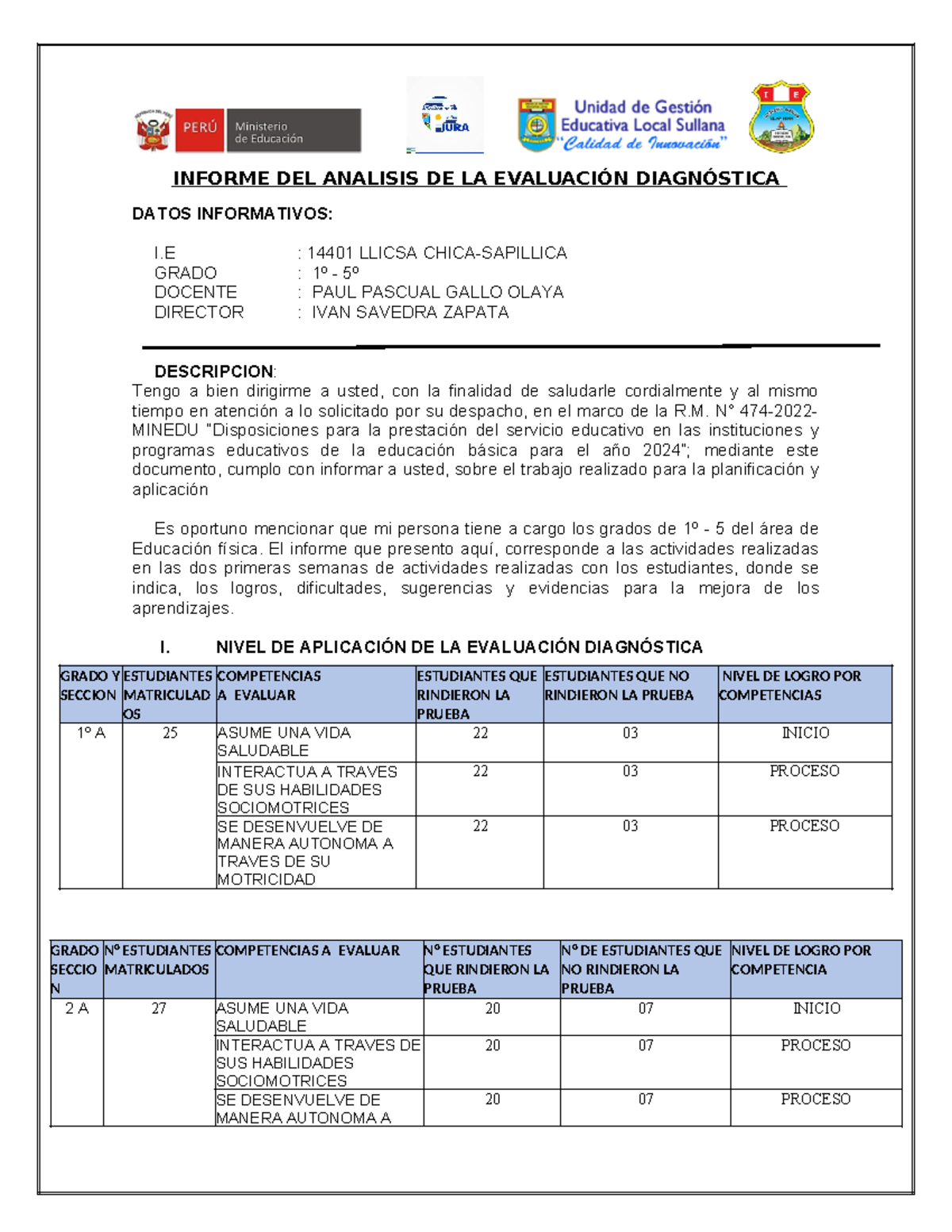 Informe DEL Analisis DE LA Evaluación Diagnóstica - INFORME DEL ANALISIS DE LA EVALUACIÓN - Studocu