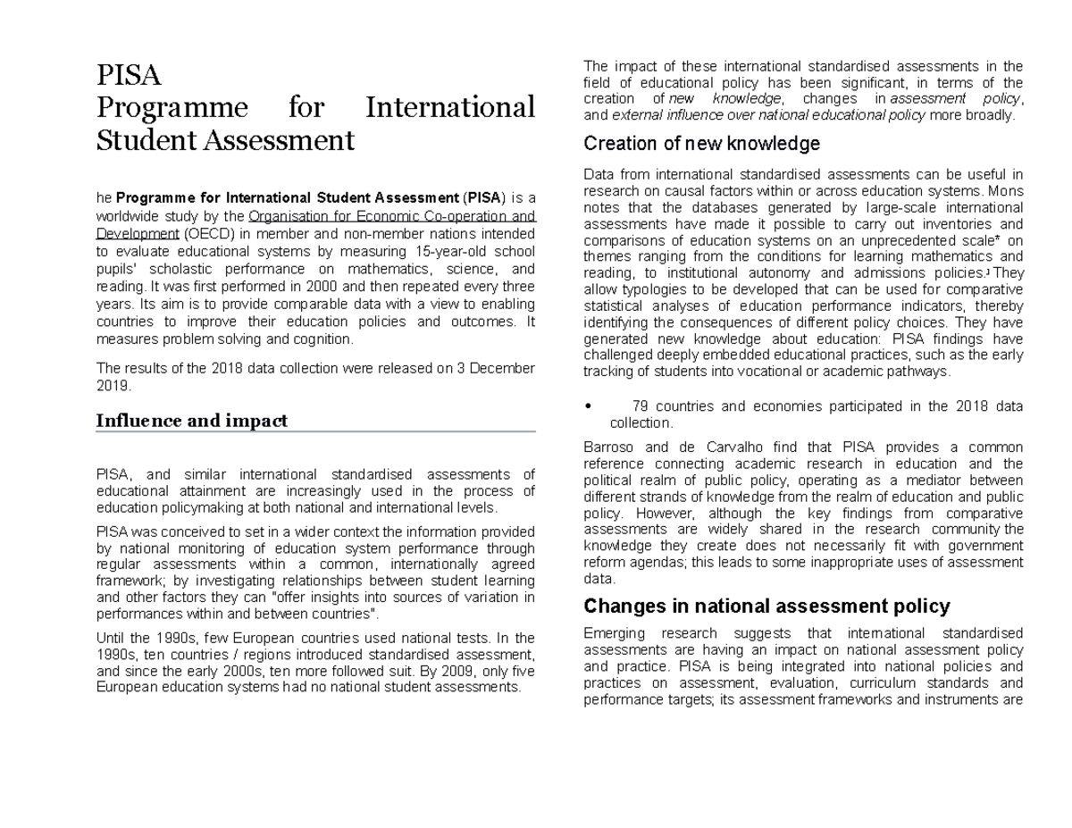 PISA - PISA - PISA Programme for International Student Assessment he ...