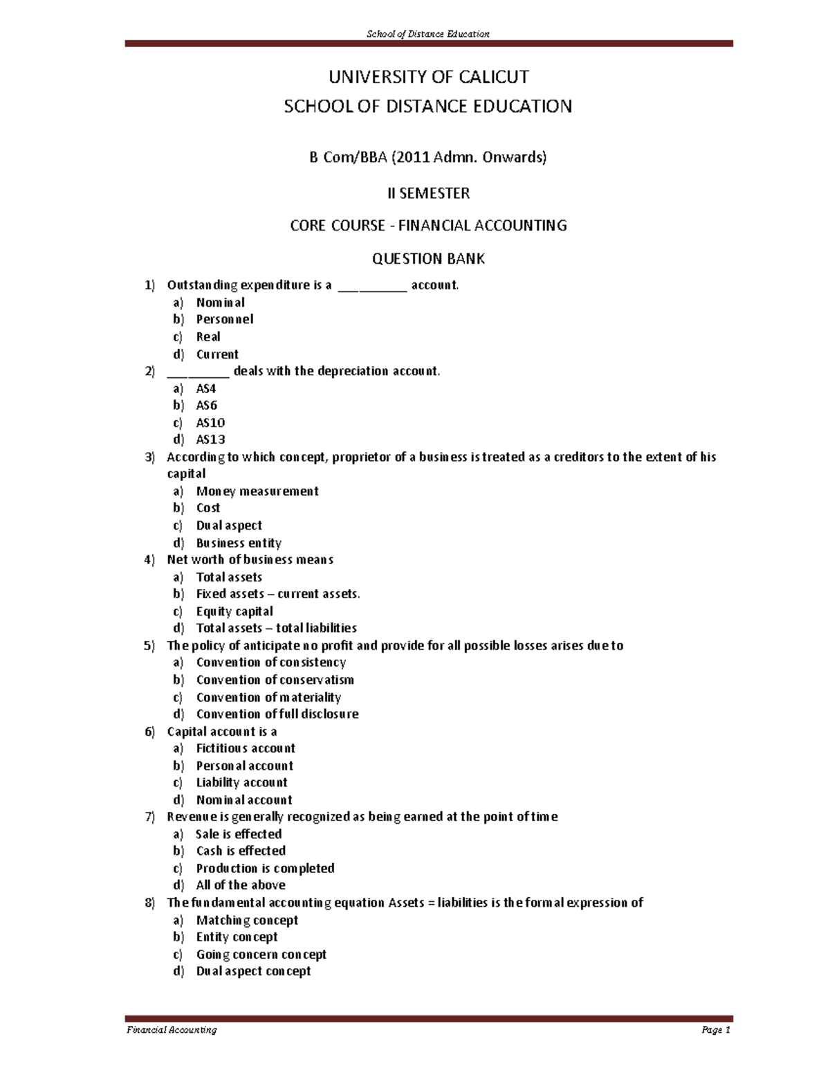 Financial Accounting Questions AND Answer (B COM) - UNIVERSITY OF ...