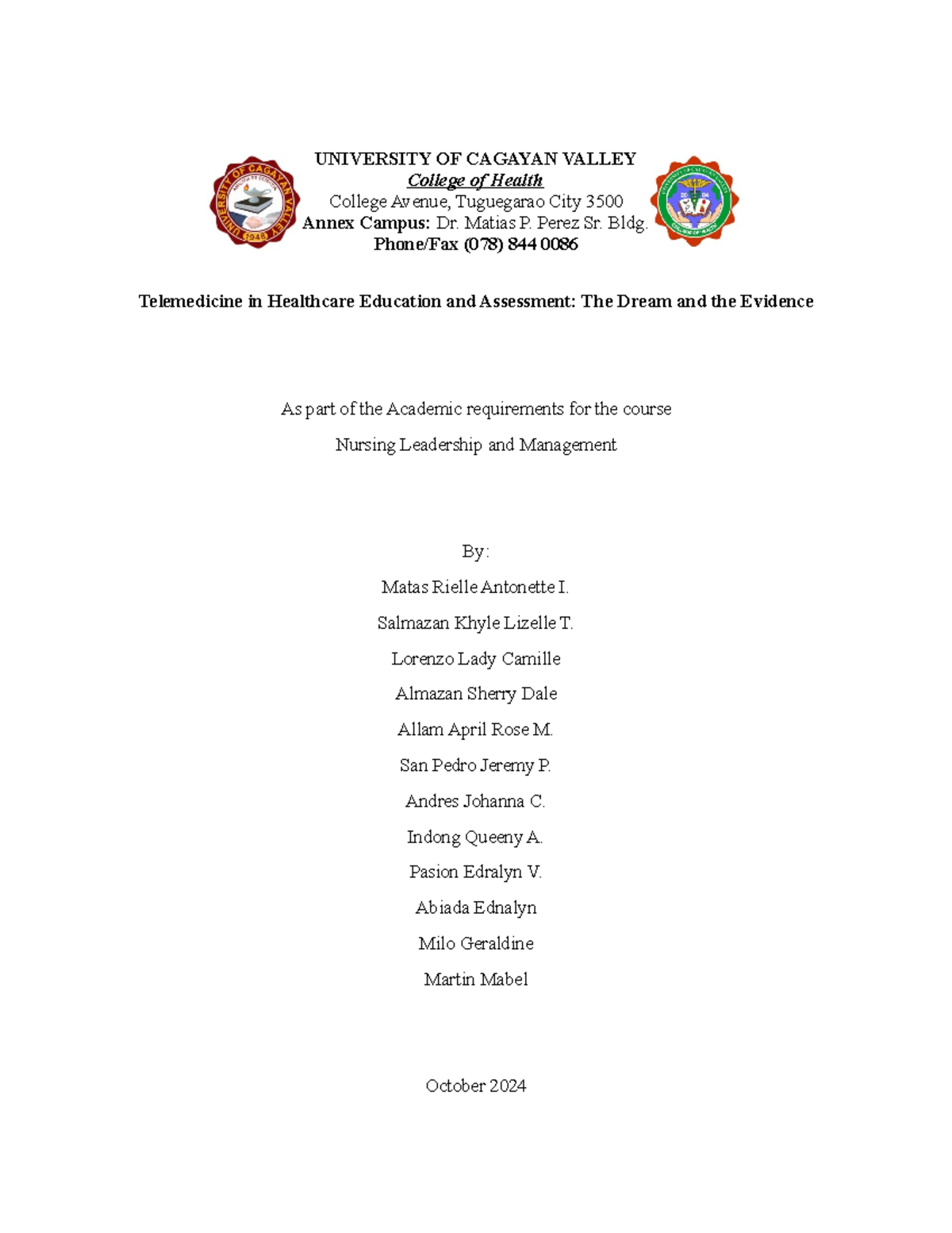 Group 3 121837 - .... - UNIVERSITY OF CAGAYAN VALLEY College of Health ...