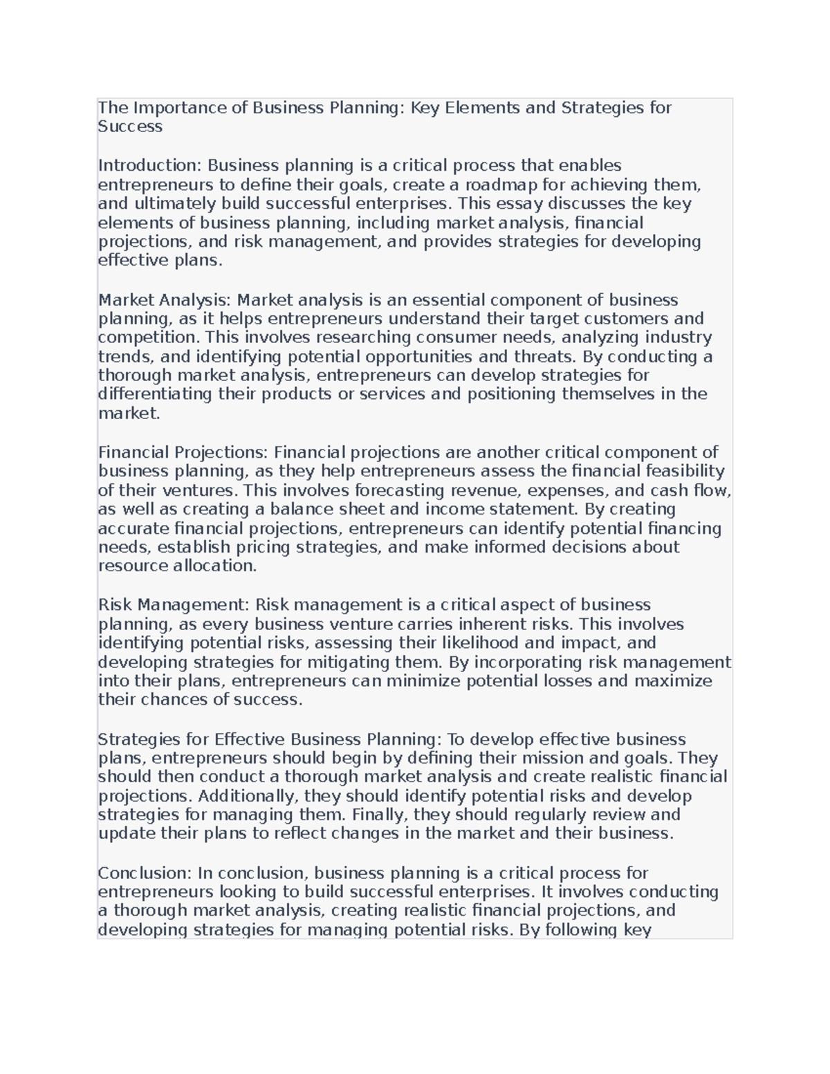 The Importance of Business Planning - This essay discusses the key ...