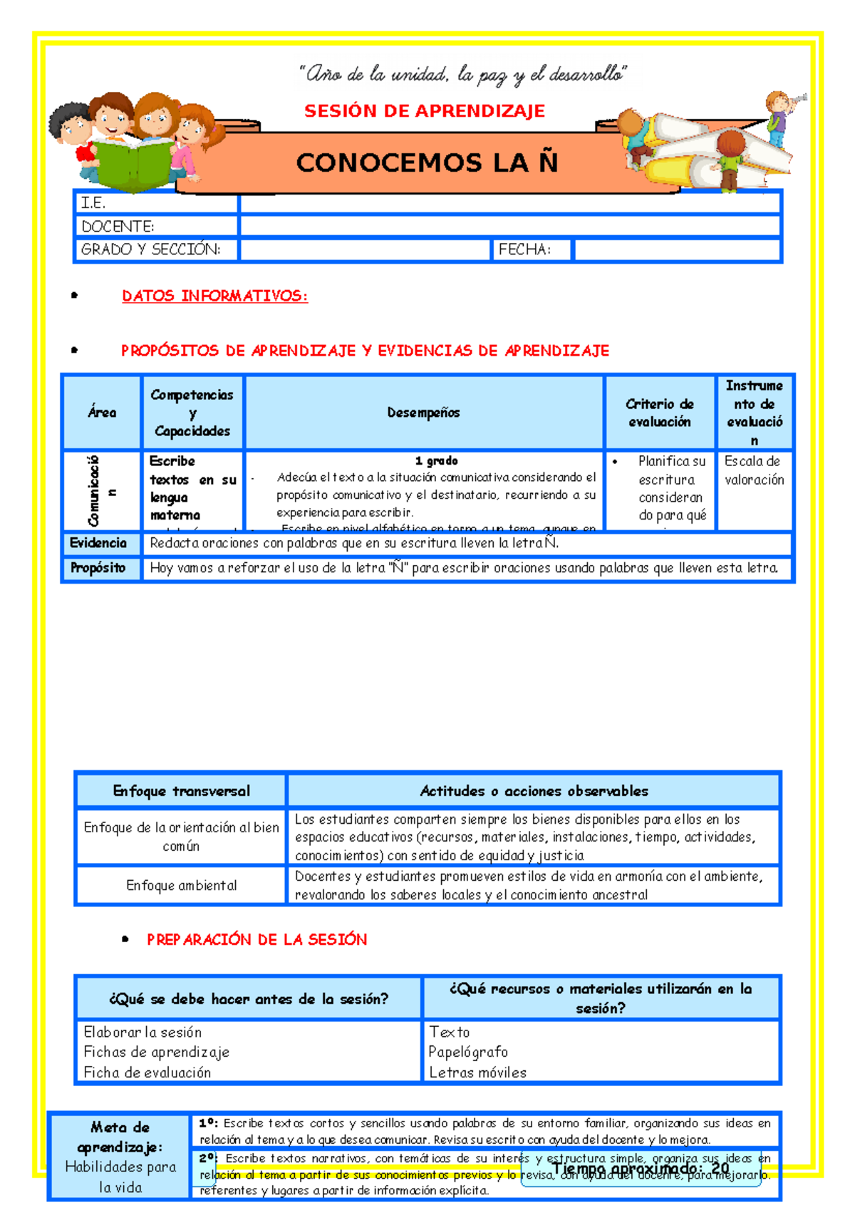 Adicional Sesión 19 Letra Ñ - SESIÓN DE APRENDIZAJE I. DOCENTE: GRADO Y SECCIÓN: FECHA: DATOS ...