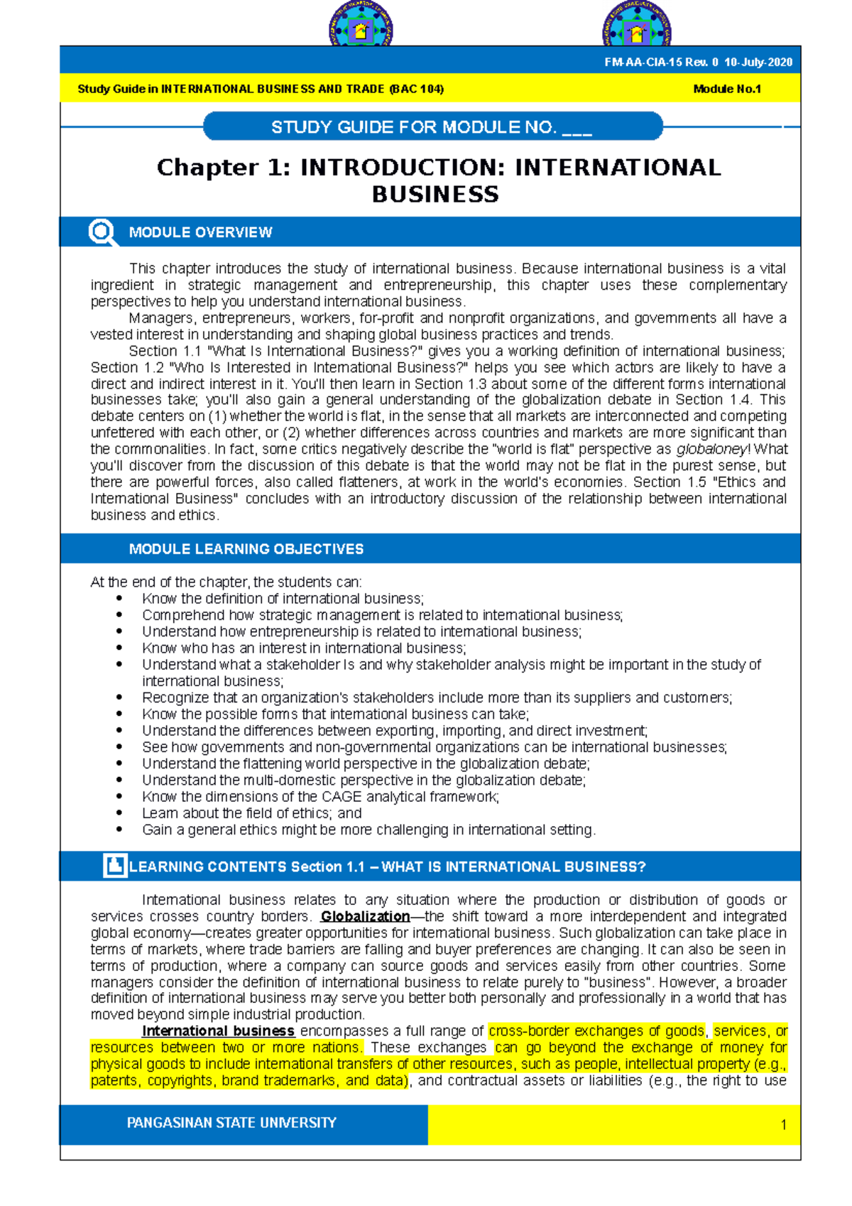 BAC-104-SG-1 Chapter 1 Introduction International Business - PANGASINAN STATE UNIVERSITY Study ...