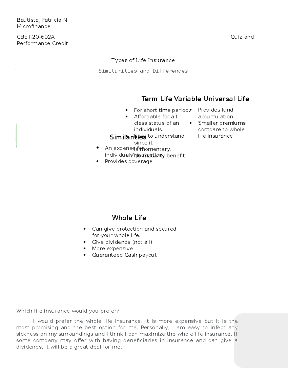 Insuarance assignment - Bautista, Fatricia N Microfinance CBET-20-602A ...