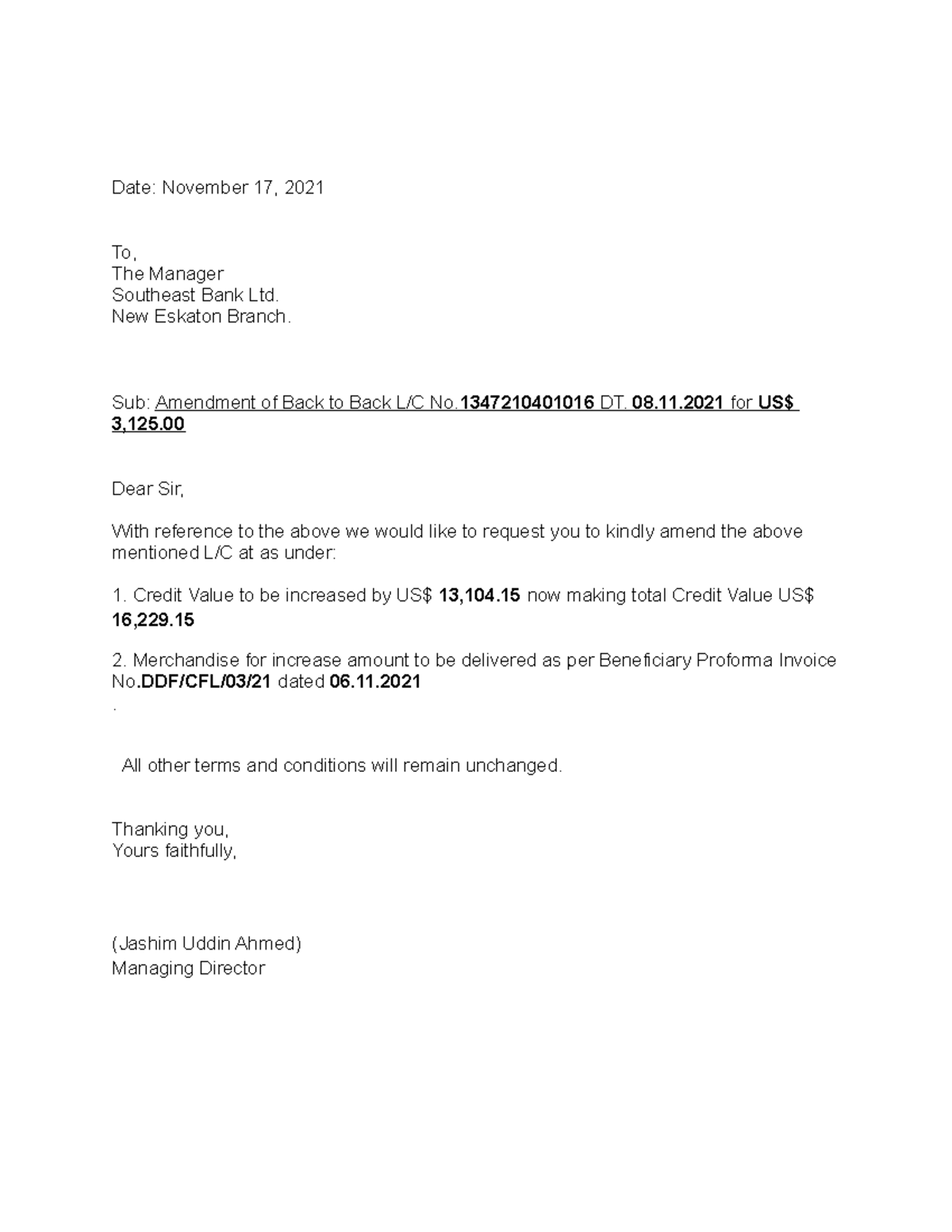 Amendment Application FOR BBLC Date November 17 2021 To The