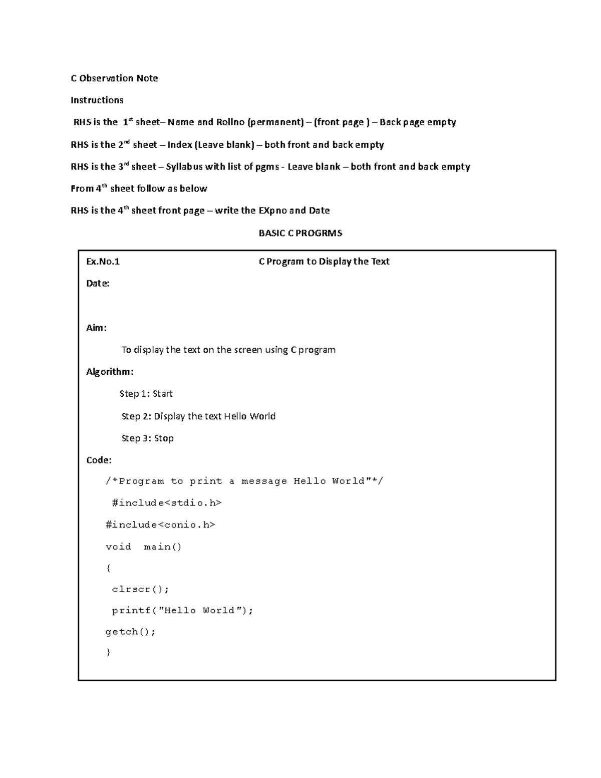 C Observation Note - C Observation Note Instructions RHS is the 1st sheet– Name and Rollno - Studocu