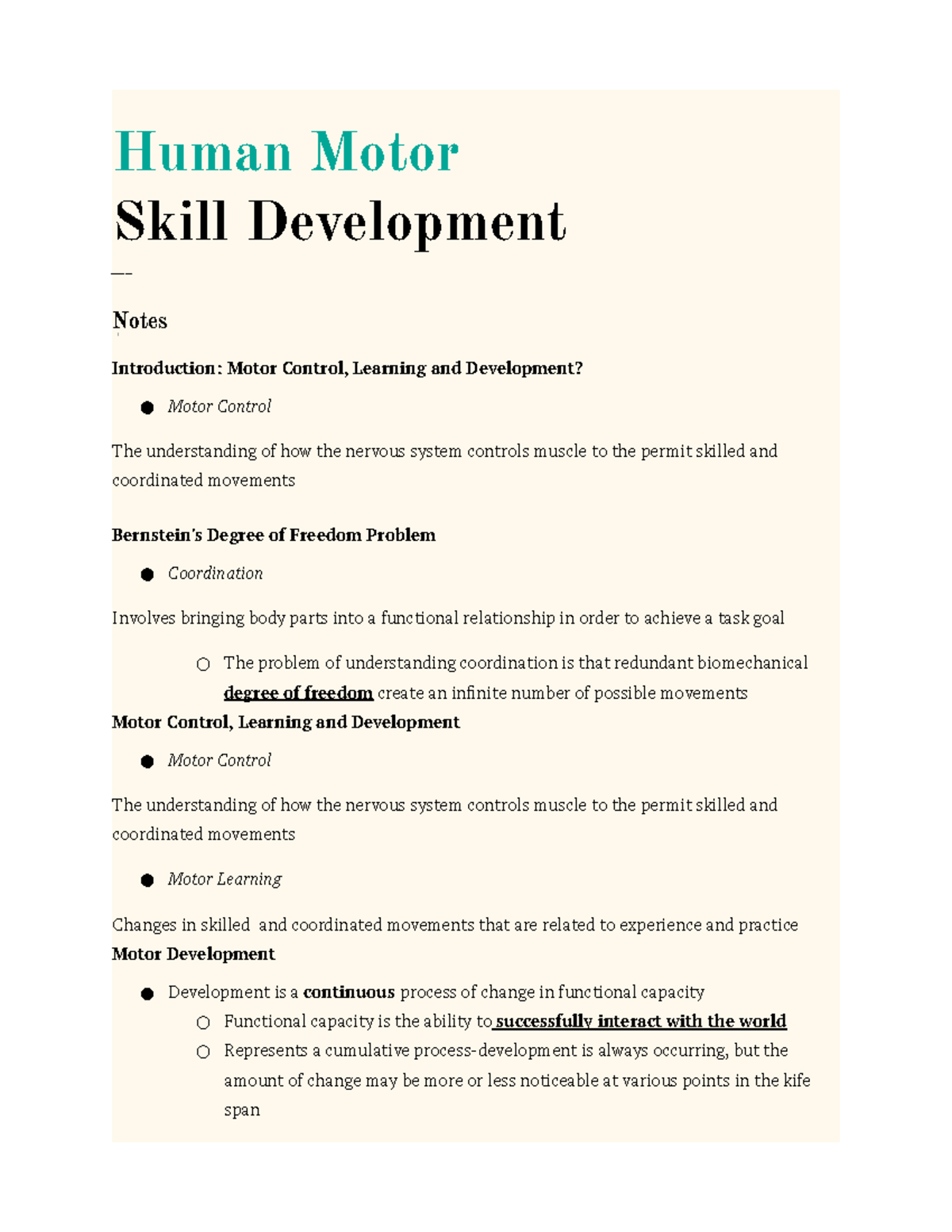 Human Motor Skill Development - Human Motor Skill Development ___ Notes ...